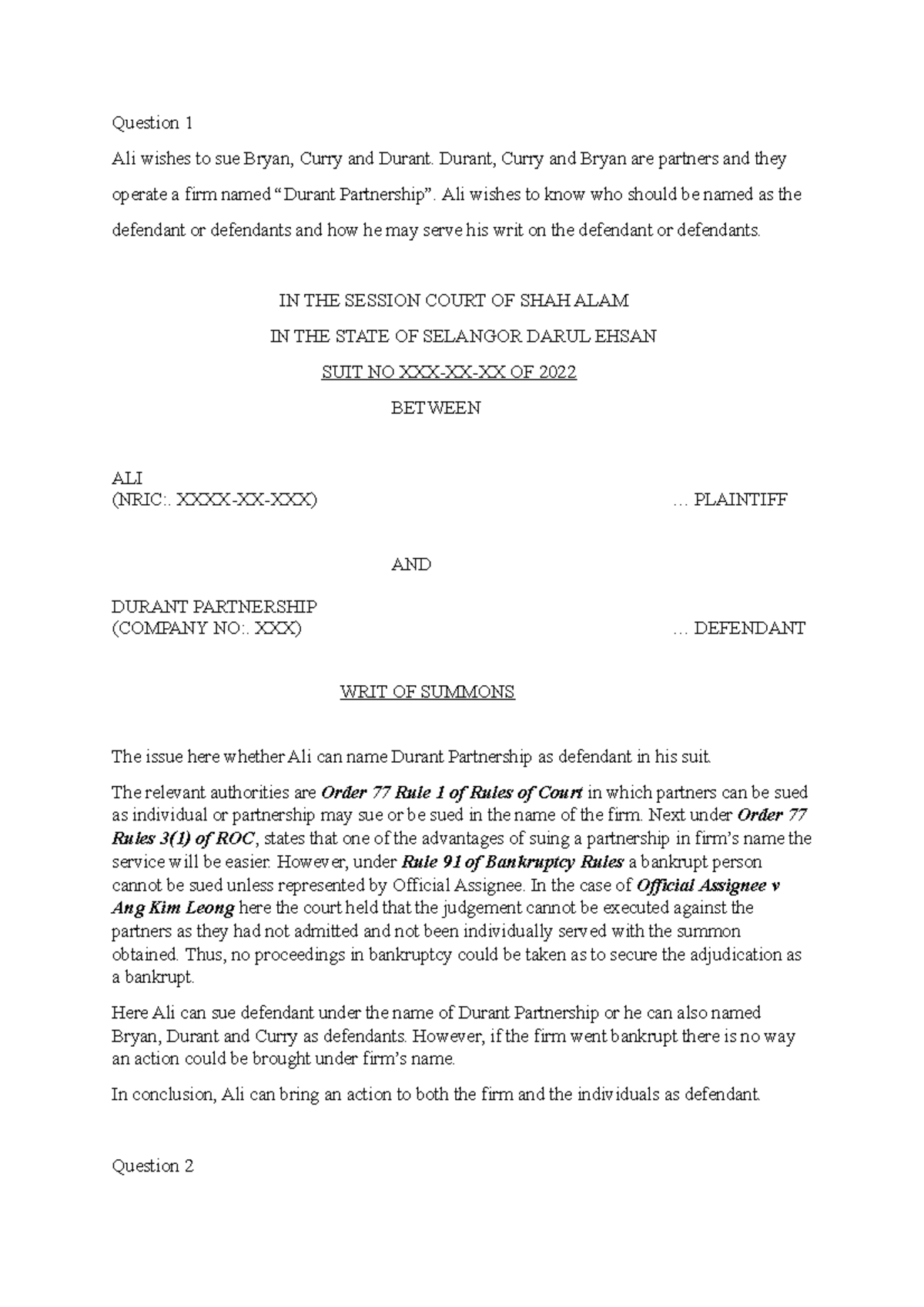 Civil Procedure Tutorial Week 5 - Question 1 Ali wishes to sue Bryan, Curry and Durant. Durant ...