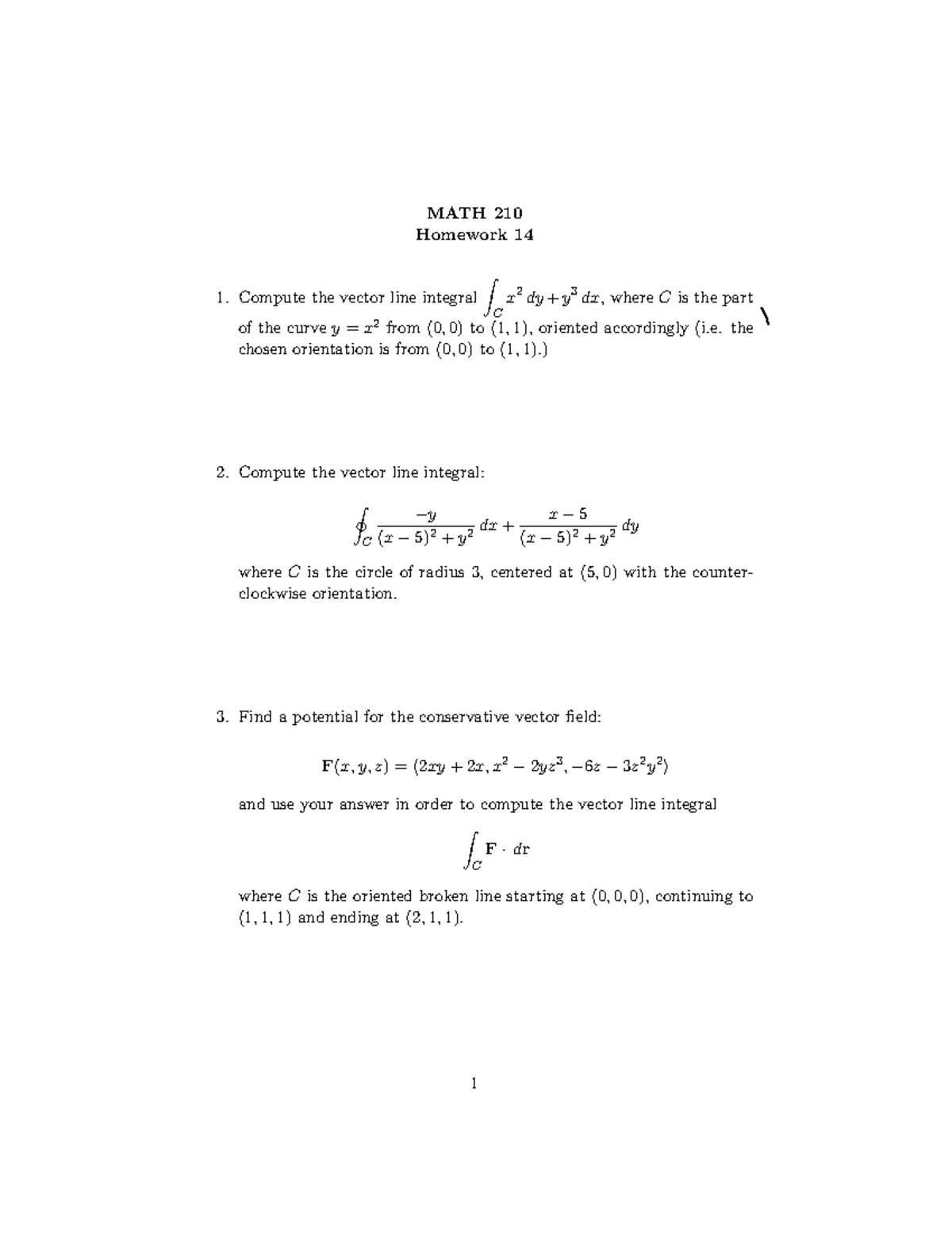 Hw14 - Vector Line Integral, Vector Field - MATH 210 Homework 14 ...