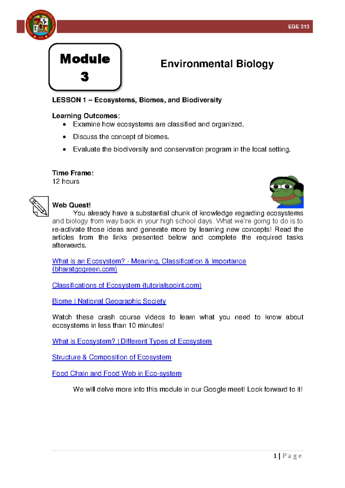 EGE 313 Module 3 - essay - Module 3 Environmental Biology LESSON 1 ...