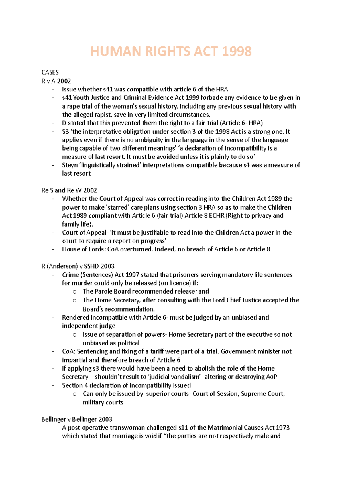 Human Rights ACT 1998 revision notes - 30825 - Birmingham - Studocu
