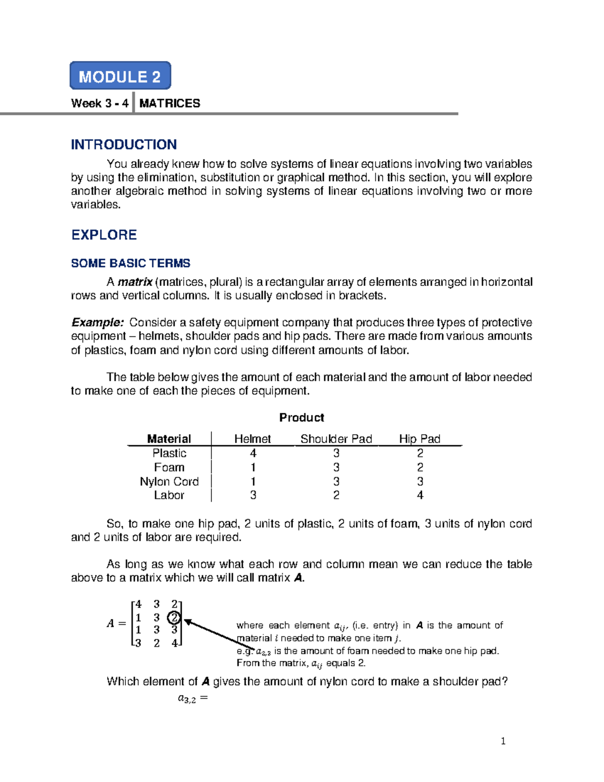 MATH 2 - Module 2 - Matrices - 1 MODULE 2 Week 3 - 4 MATRICES ...