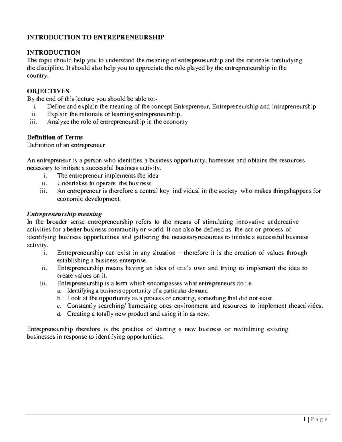 WEEK 1 Notes - Introduction TO Entrepreneurship - INTRODUCTION TO ...