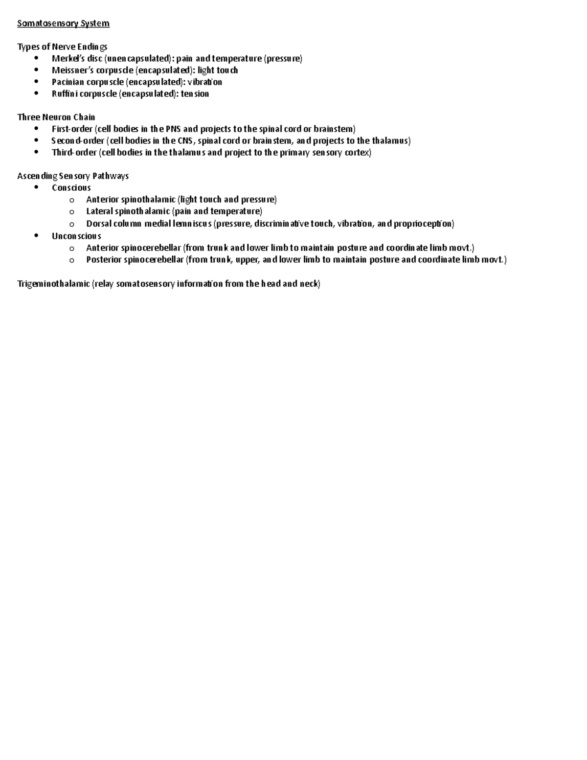 Somatosensory System - Lecture notes 9 - Somatosensory System Types of ...