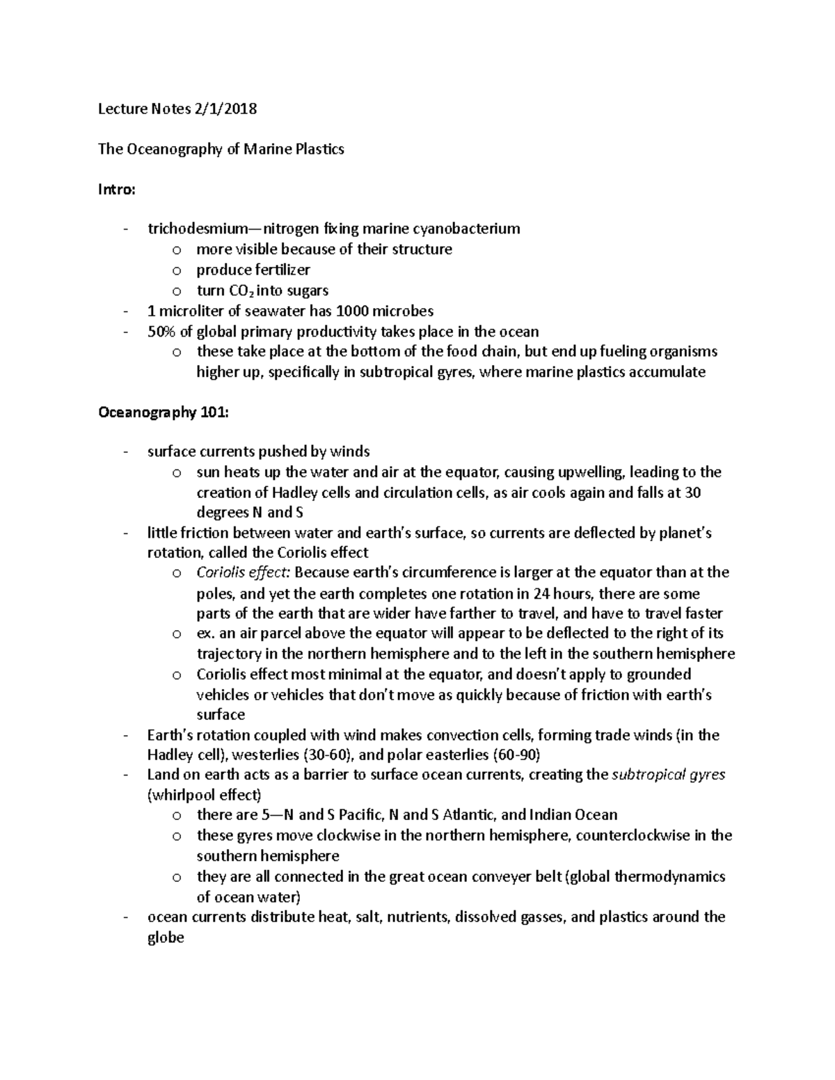 Lecture Notes 2:1:2018 - Lecture Notes 2/1/ The Oceanography of Marine ...
