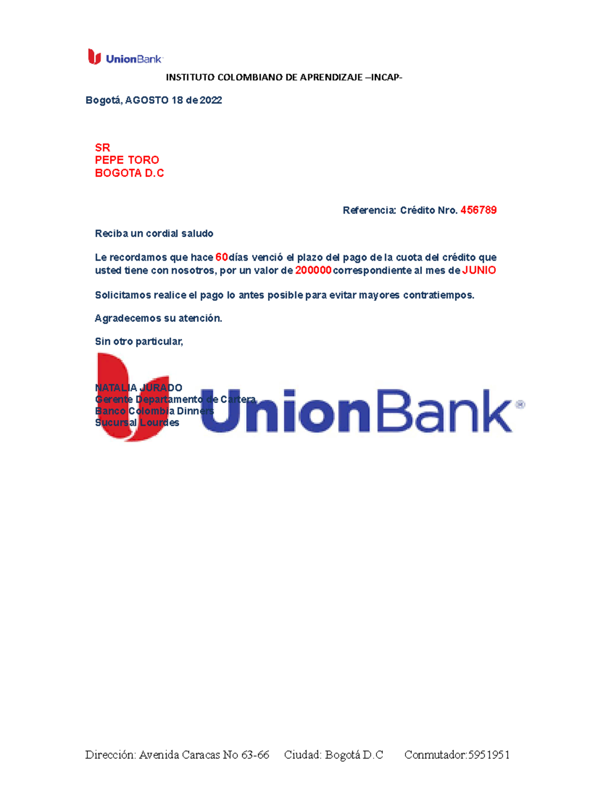 Carta Combinadas Credito - Bogotá, AGOSTO 18 de 2022 SR PEPE TORO ...