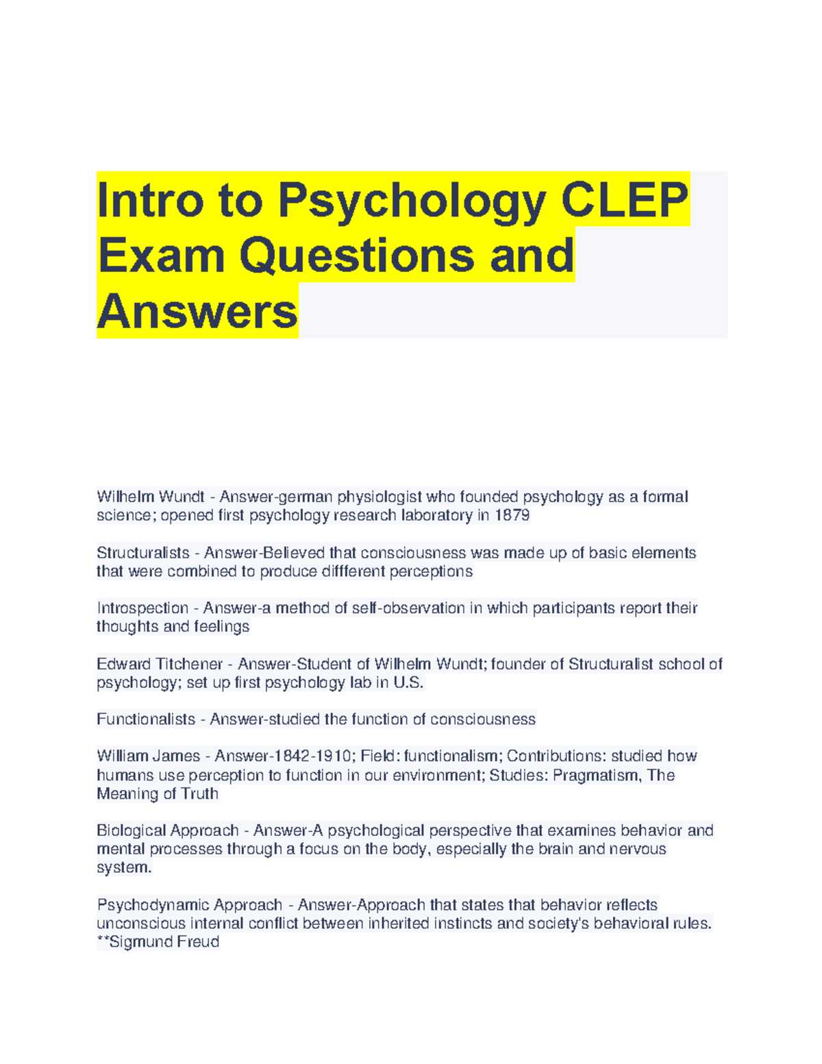 Intro to Psychology CLEP Exam Questions and Answers - Intro to ...