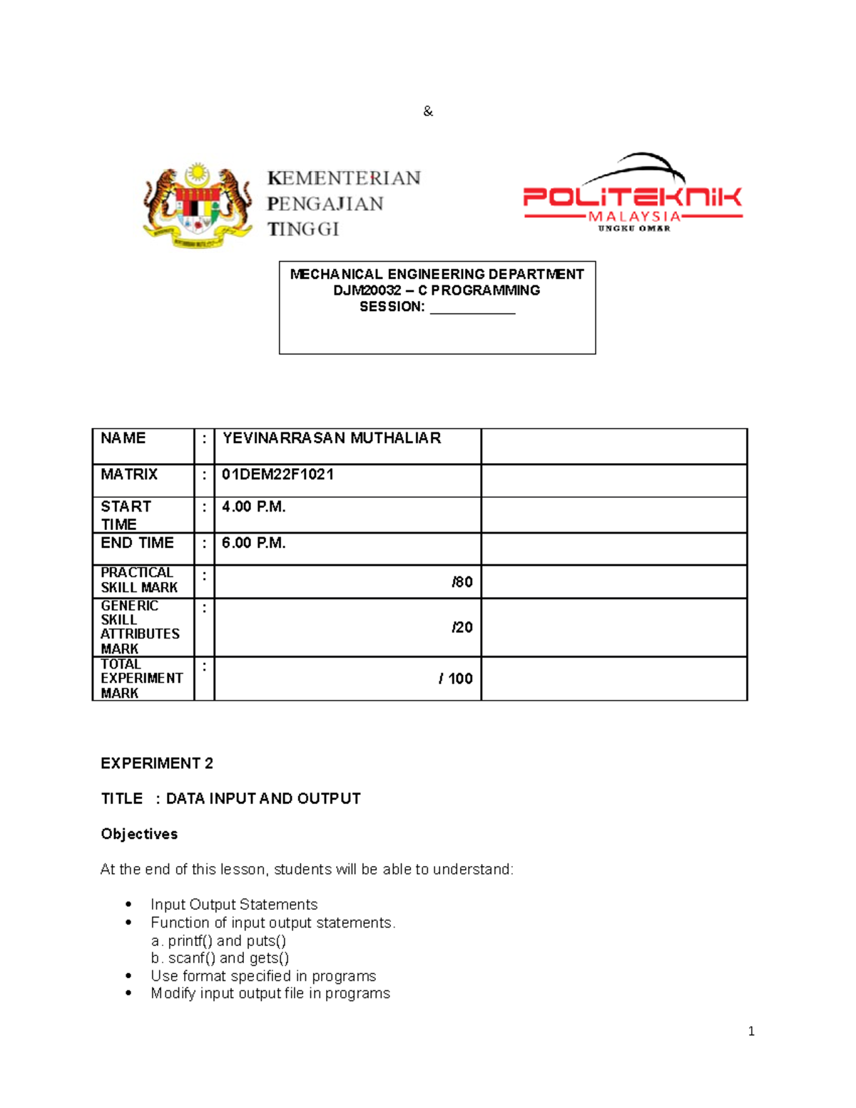LAB 2 - c programing - MECHANICAL ENGINEERING DEPARTMENT DJM20032 – C ...