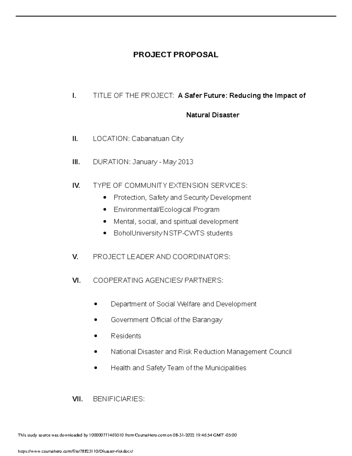 Disaster risk - Project proposal - PROJECT PROPOSAL I. TITLE OF THE ...