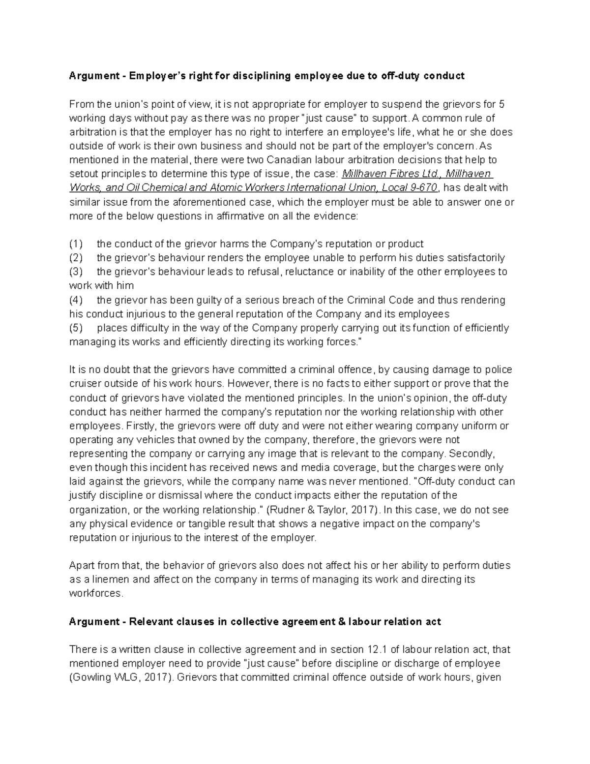 Employment Law - Argument - Argument - Employer’s right for ...