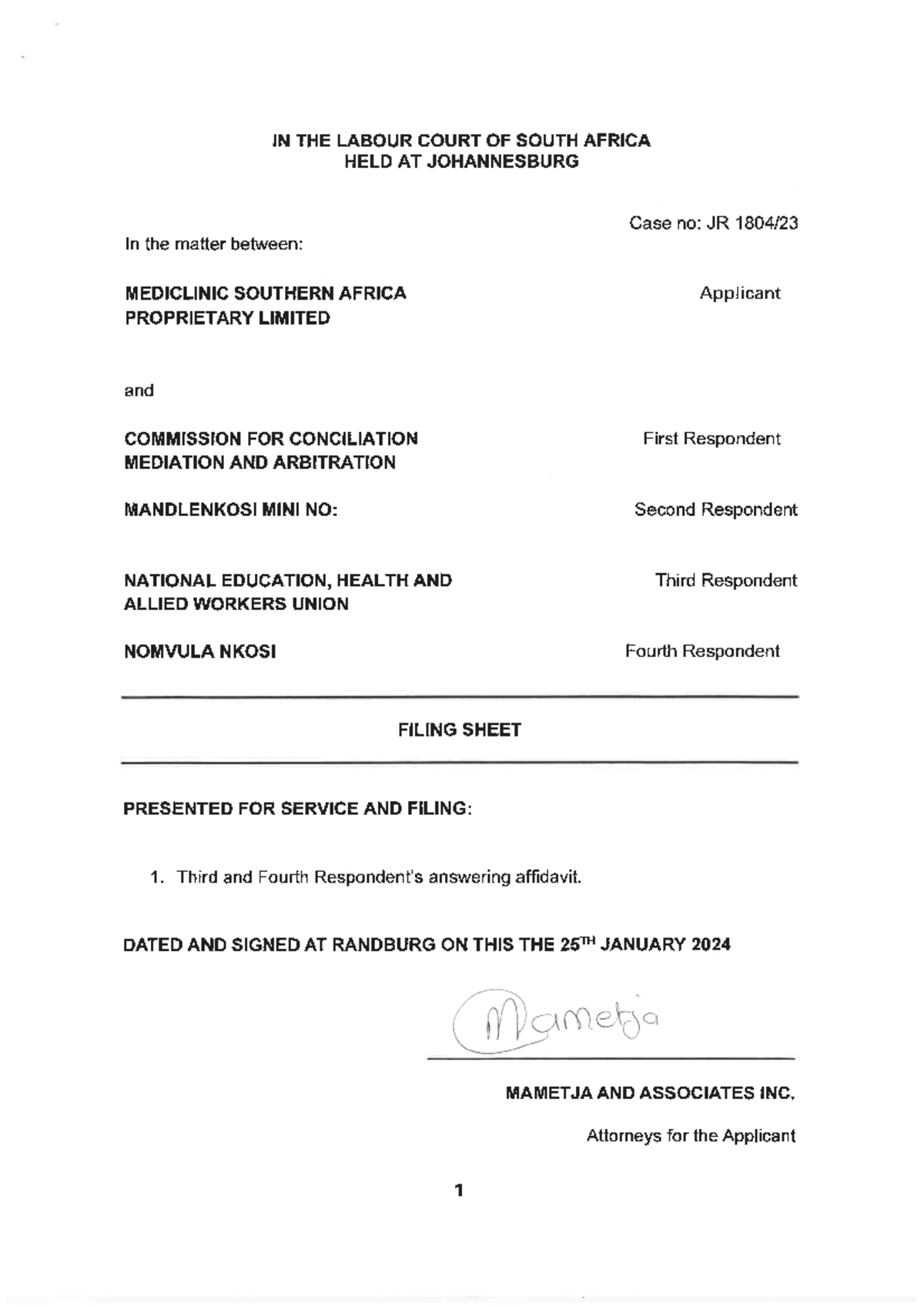 Answering Affidavit - IN THE LABOUR COURT OF SOUTH AFRICA HELD AT ...