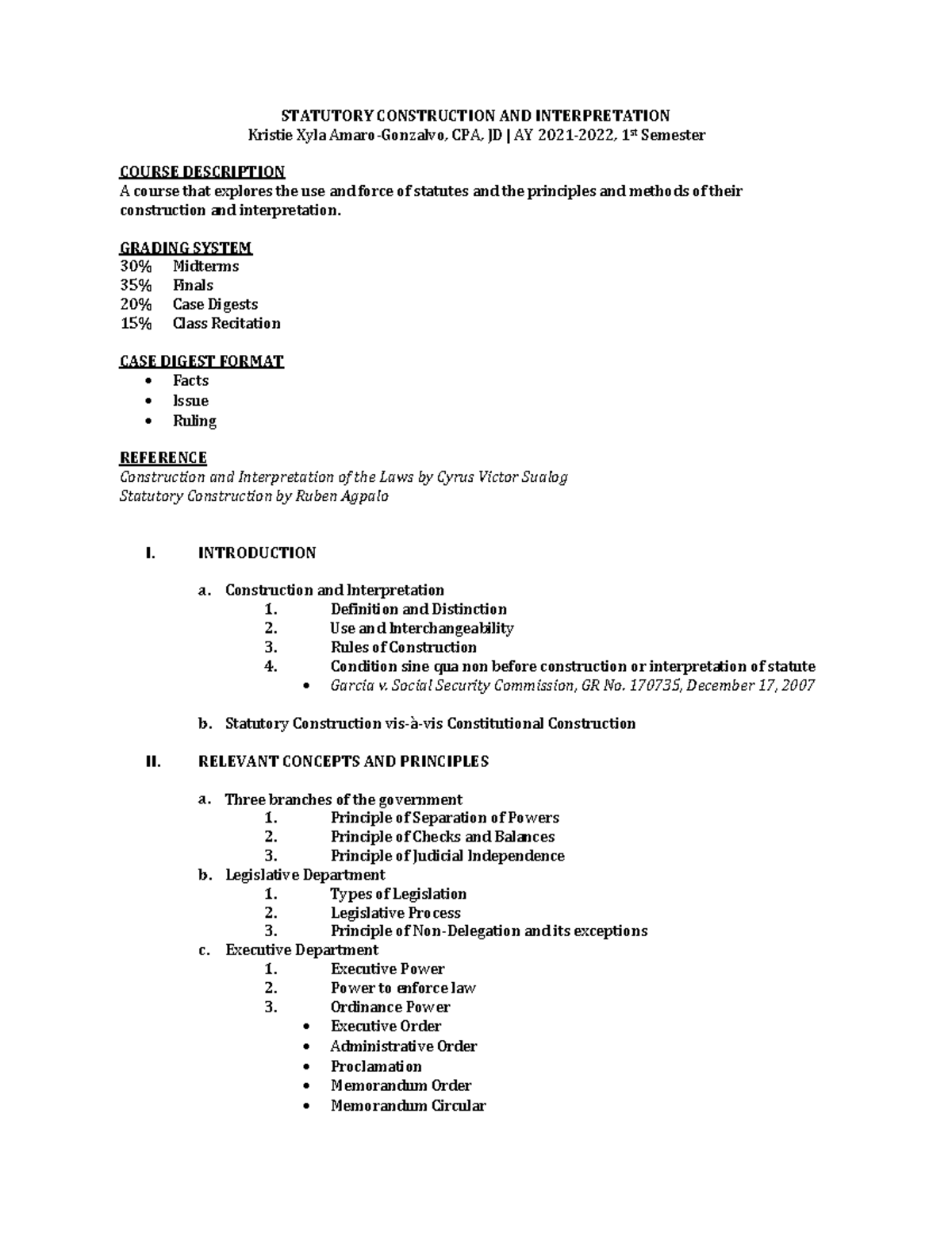 Statcon Course Outline 2122 1 - STATUTORY CONSTRUCTION AND ...