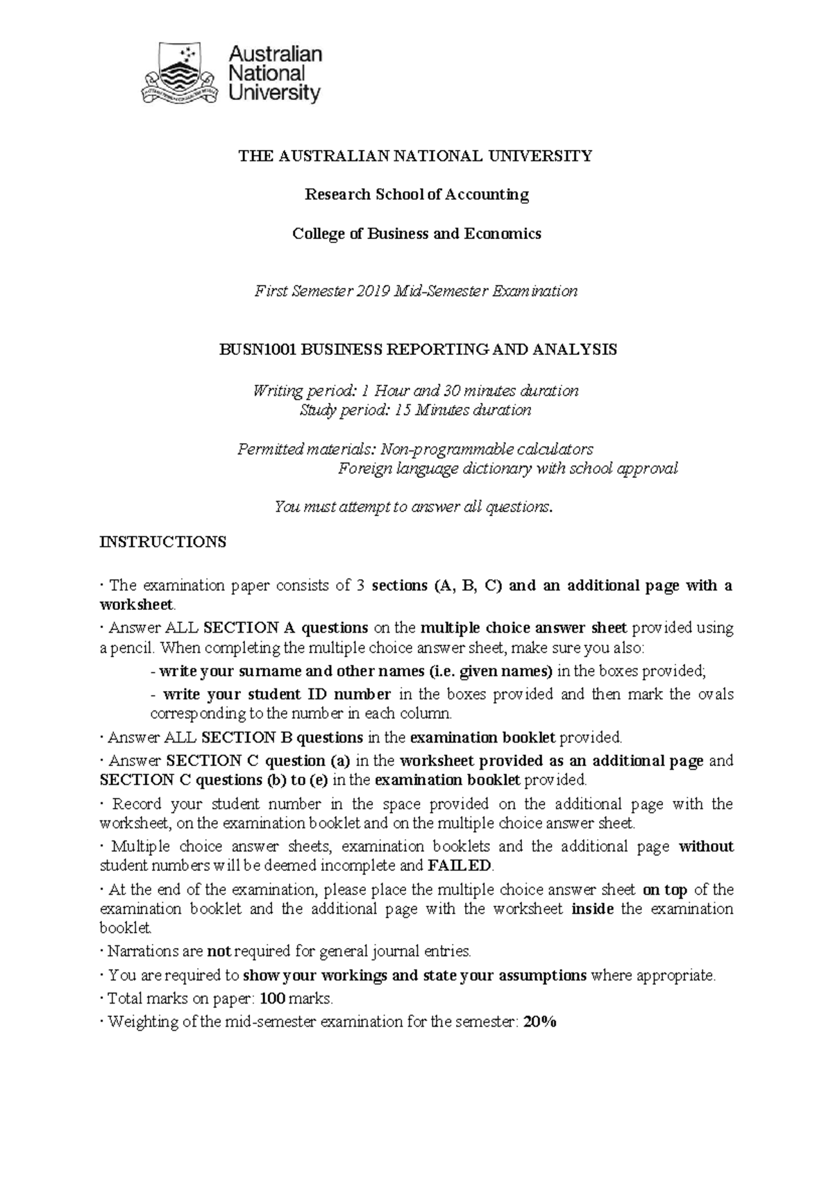 BUSN1001 MSE S1 2019 questions - THE AUSTRALIAN NATIONAL UNIVERSITY ...