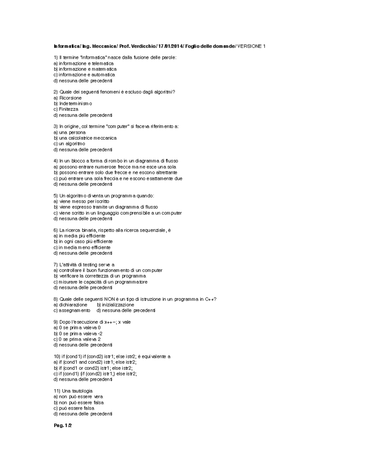 Prova d'Esame Svolta - Informatica - Gennaio 2014 - Ing. Prof. Foglio ...