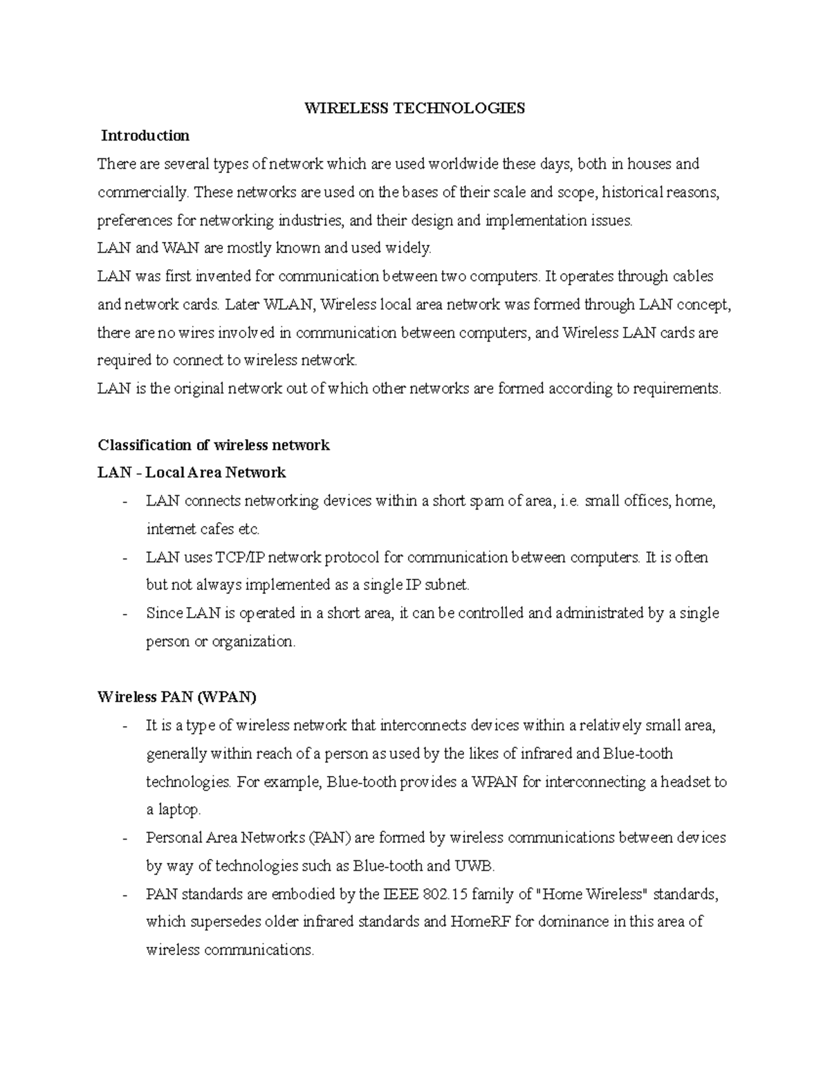 3 Wireless Technologies - WIRELESS TECHNOLOGIES Introduction There are ...
