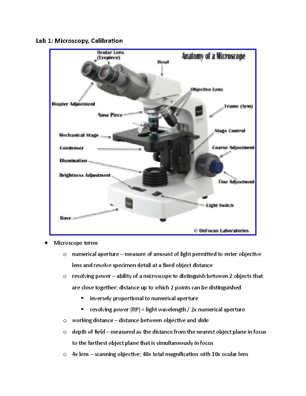 BIO 105 lab Midterm Review complete - Lab 1: Microscopy, Calibration ...