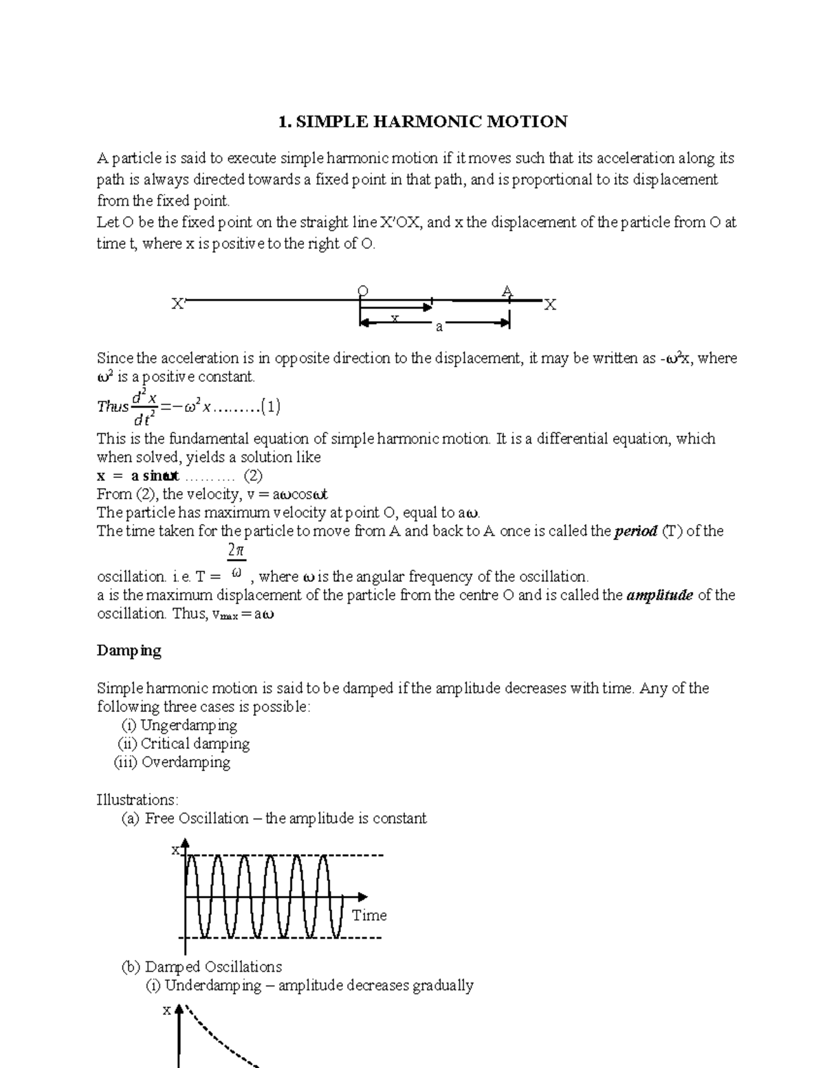 Mechanics - ####### 1. SIMPLE HARMONIC MOTION A particle is said to ...