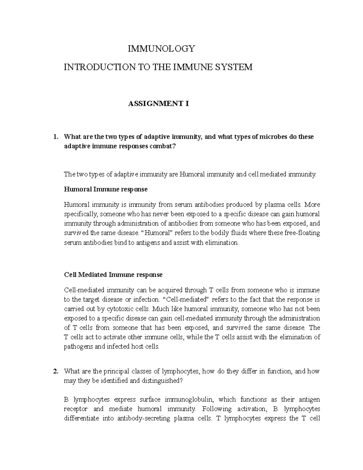 Immunology Assignment I - IMMUNOLOGY INTRODUCTION TO THE IMMUNE SYSTEM ...