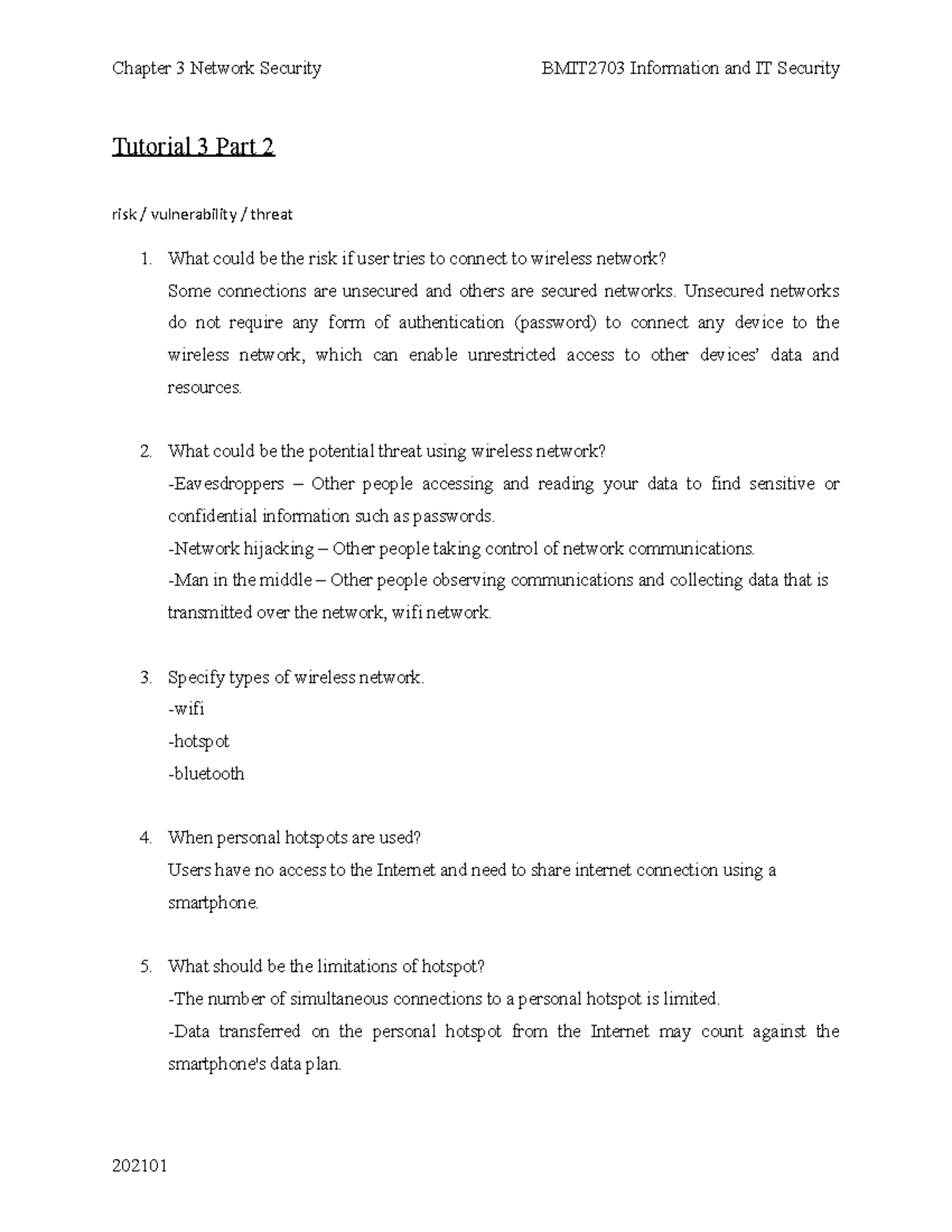 Tutorial Three Part Two Information and IT Security - Chapter 3 Network Security BMIT2703 - Studocu