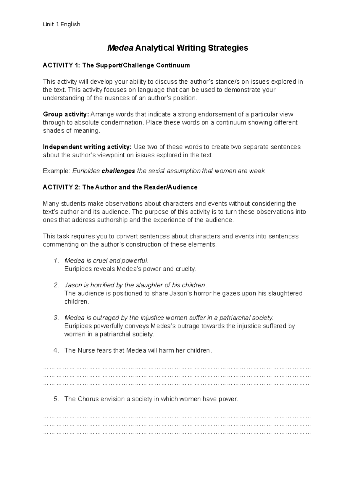 Medea Analytical Writing Strategies - Unit 1 English Medea Analytical ...