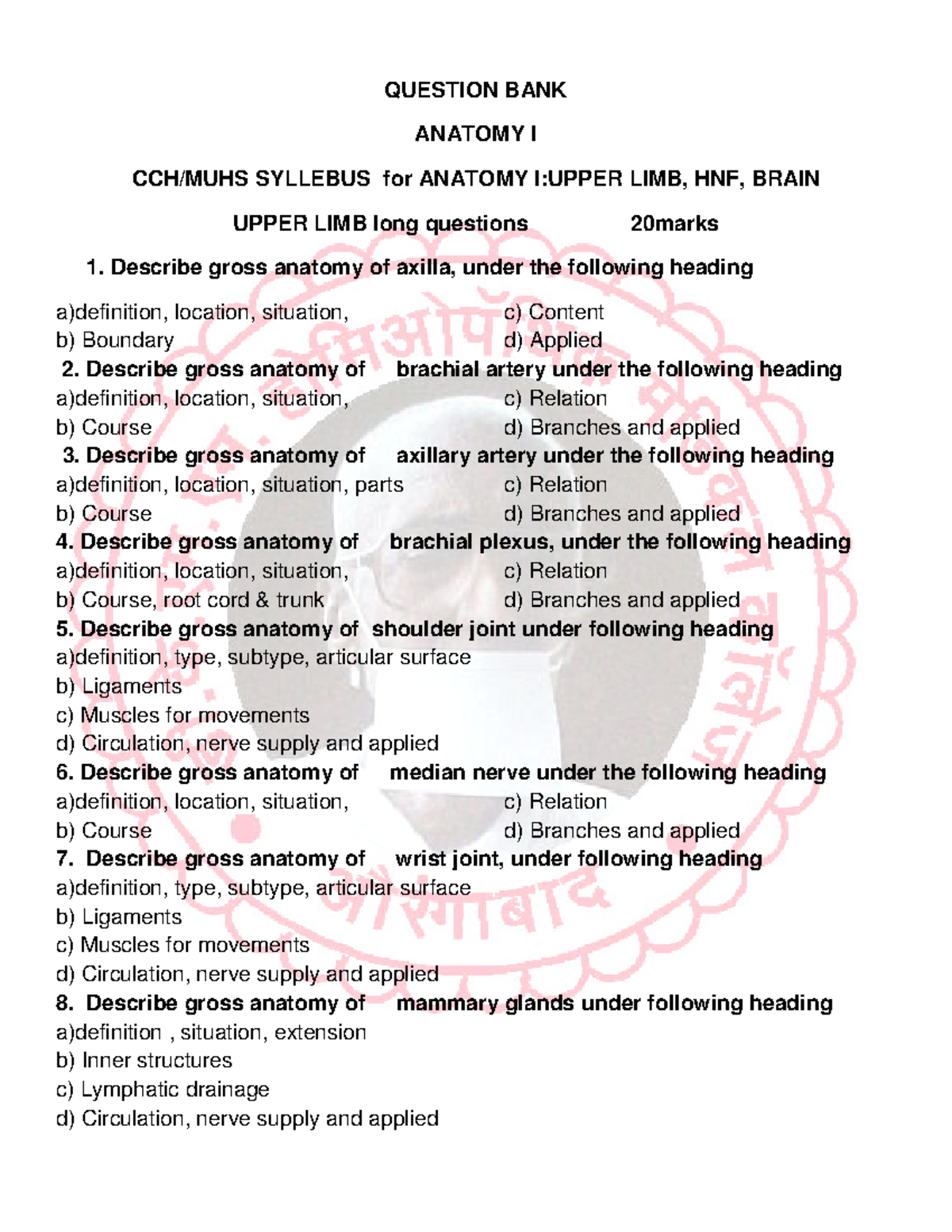 BHMS 1 Anatomy practice Material QUESTION BANK ANATOMY I CCH