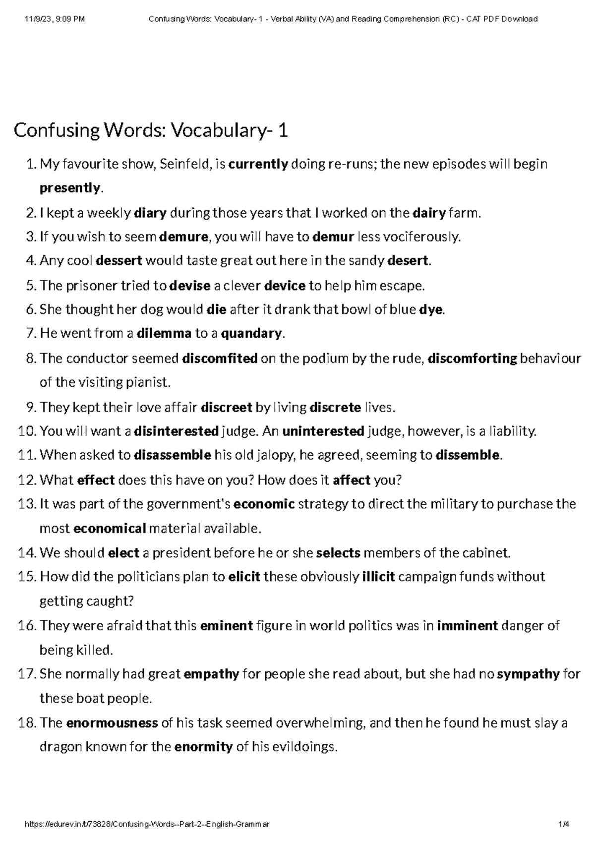 Confusing Words Vocabulary- 1 - Verbal Ability (VA) and Reading ...