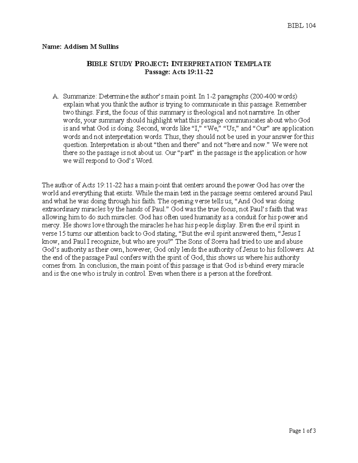 Religion Class Project - BIBL 104 Name: Addisen M Sullins BIBLE STUDY ...