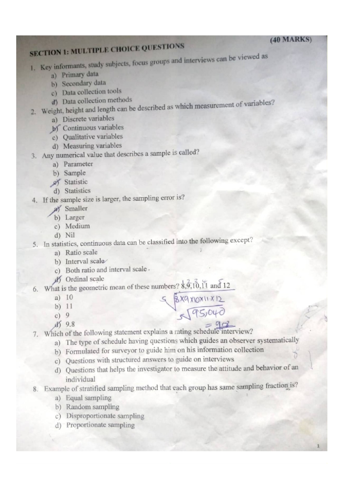 Bg1 - Past paper - (40 MARKS) SECTION 1: MULTIPLE CHOICE QUESTIONS 1. Key informants, study ...