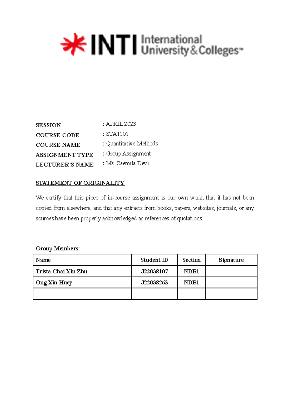 Sta Group Assignment Session April 2023 Course Code Sta Course Name Quantitative Methods