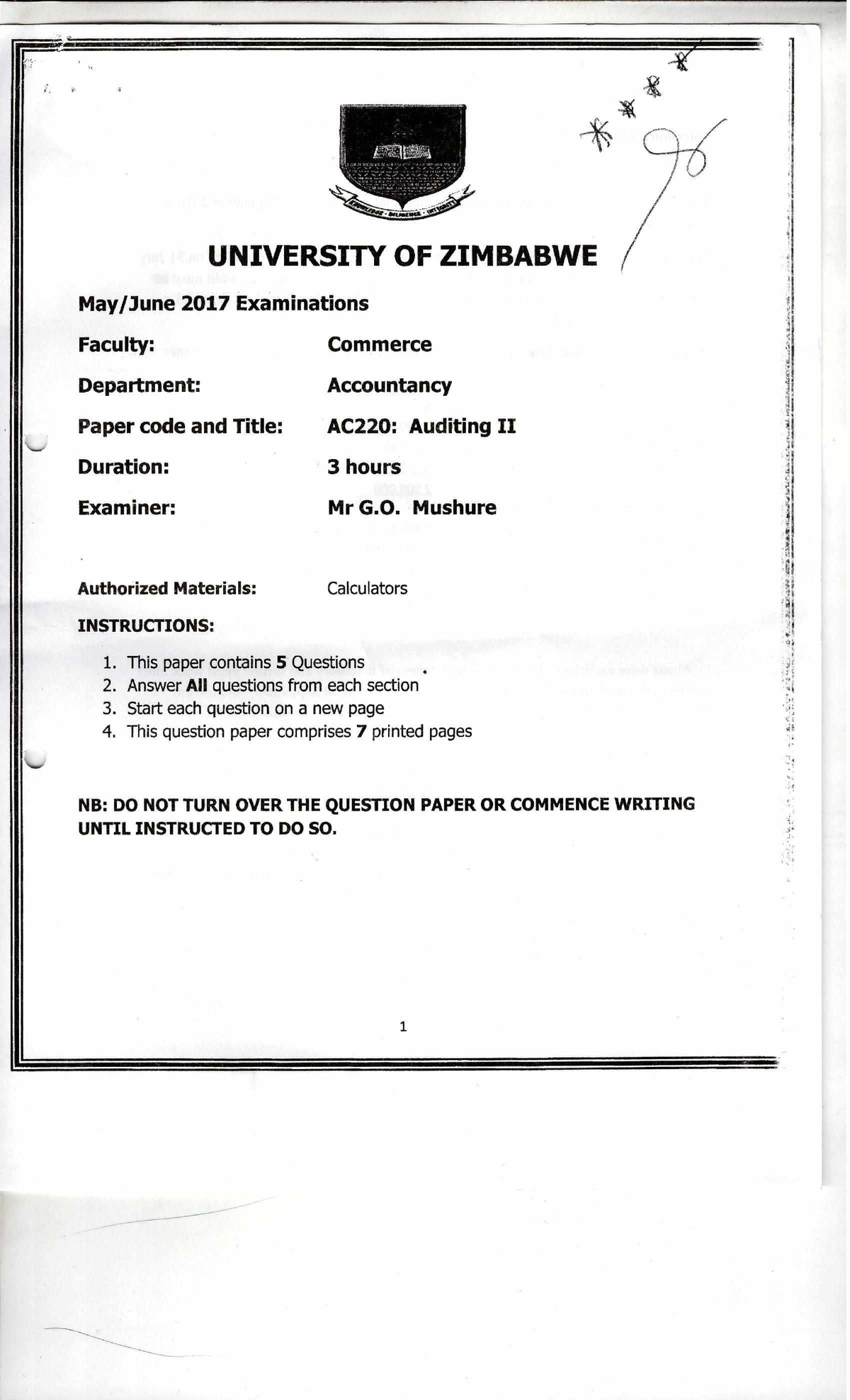 AC220 2017 05 - UNIVERSITY OF ZIMBABWE May/June 2017 Examinations ...