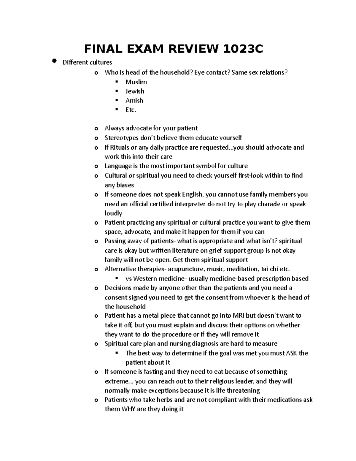 Exam review Final - FINAL EXAM REVIEW 1023C Different cultures o Who is ...