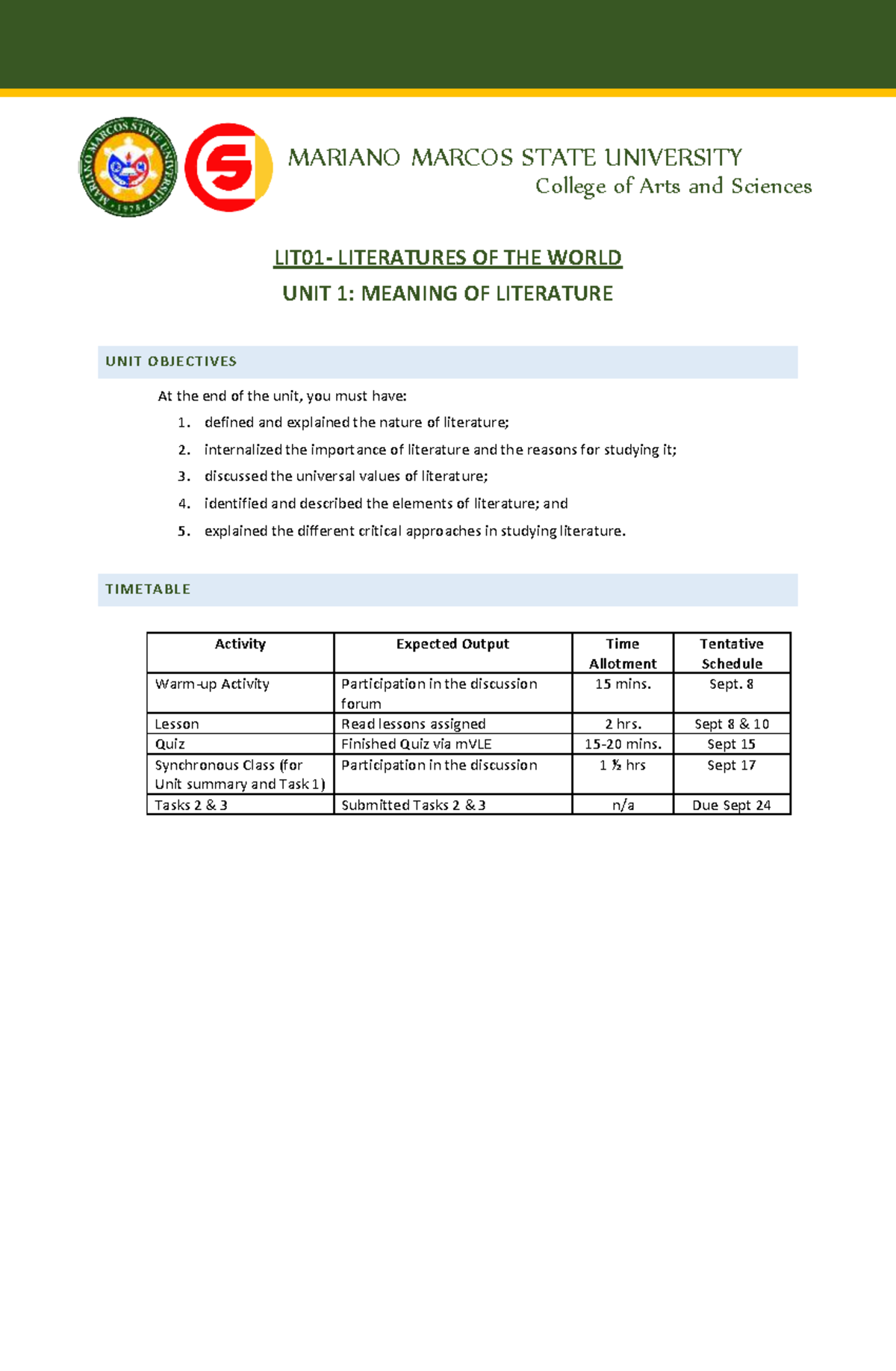 LIT01 UNIT-1 TTH - Lecture notes 1-6 - LIT01- LITERATURES OF THE WORLD ...