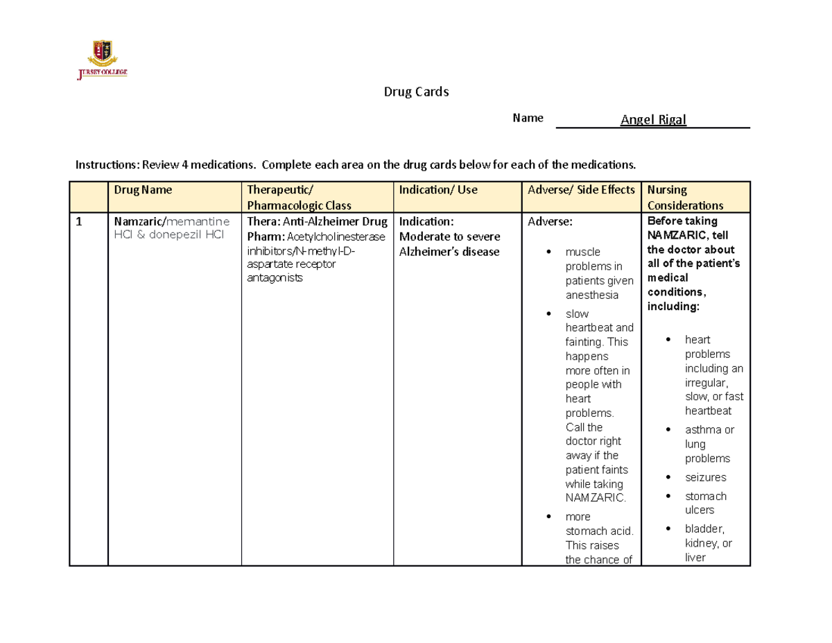 drug cards PE5 - Drug card assignment - Drug Cards Name Angel Rigal ...