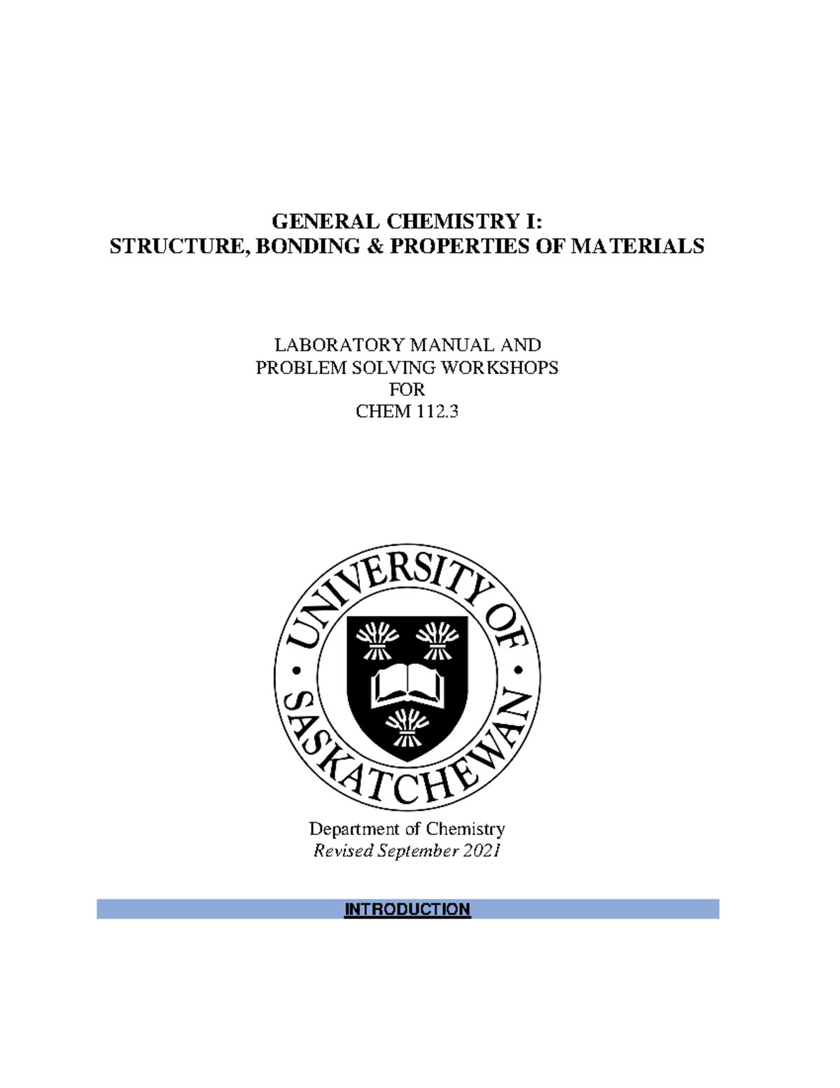 Chem 112 Lab Manual - Introduction-Fall 2021 - I-I GENERAL CHEMISTRY I: STRUCTURE, BONDING ...