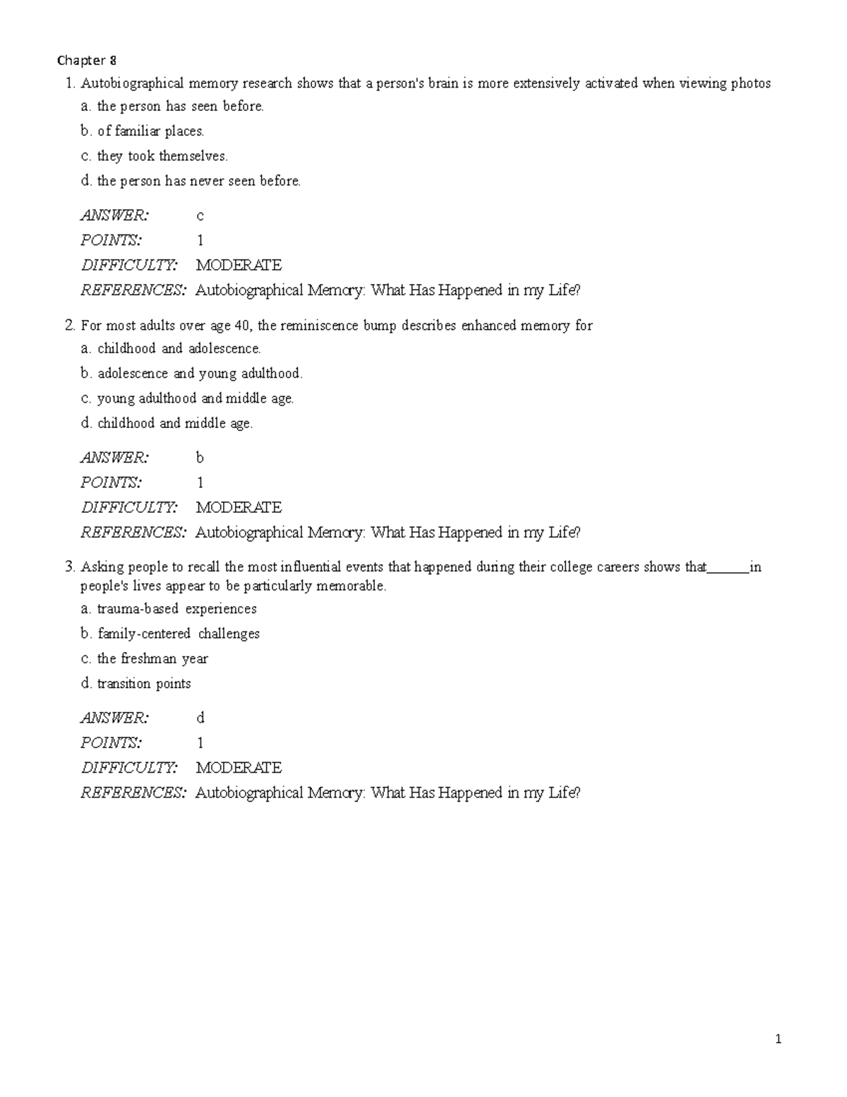 Chapter 8 - Test Bank - Chapter 8 1. Autobiographical memory research ...