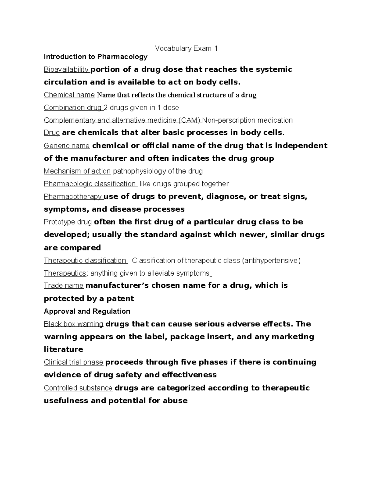 Pharmacology exam 1 study guide - Vocabulary Exam 1 Introduction to ...