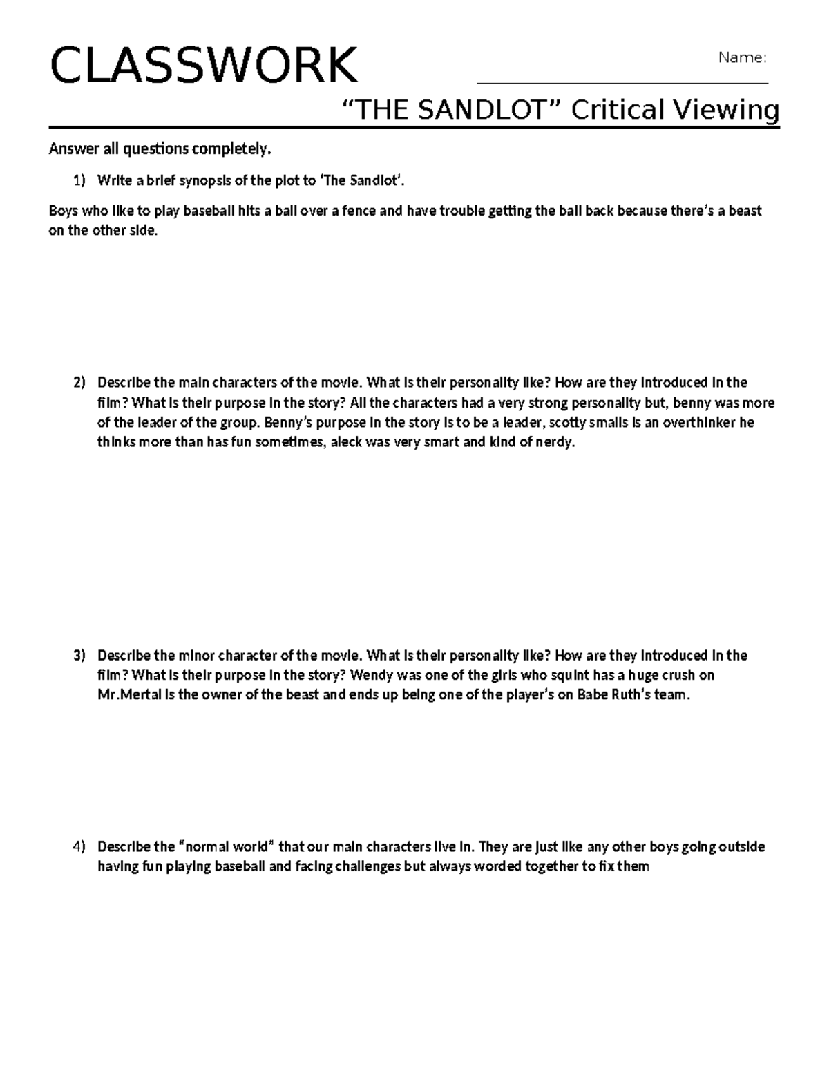 Worksheet - The Sandlot Critical Viewing-1 - CLASSWORK “THE SANDLOT ...