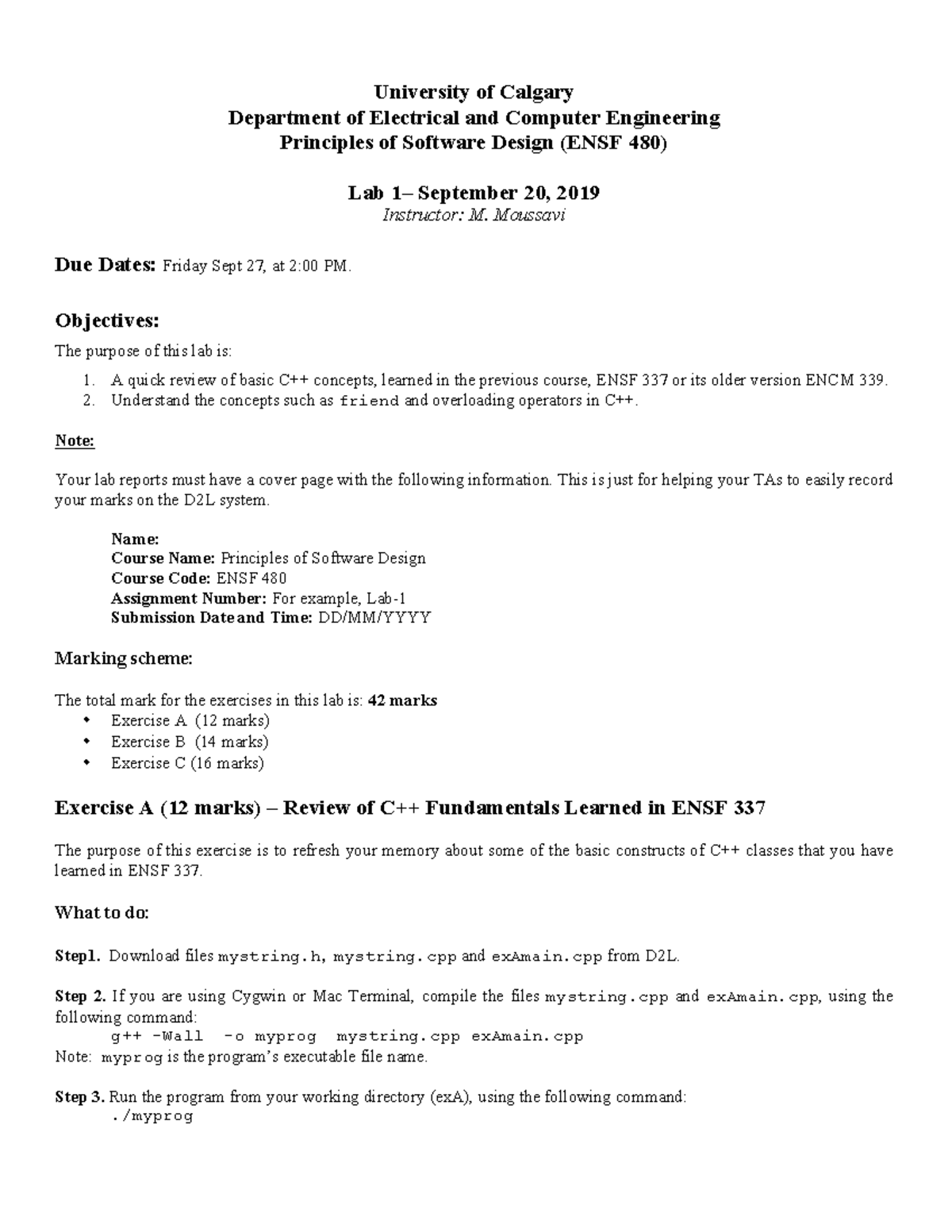Ensf 480 Lab 1 F2019 The First Lab For Ensf 480 Requires C Fundamentals From Ensf 339 