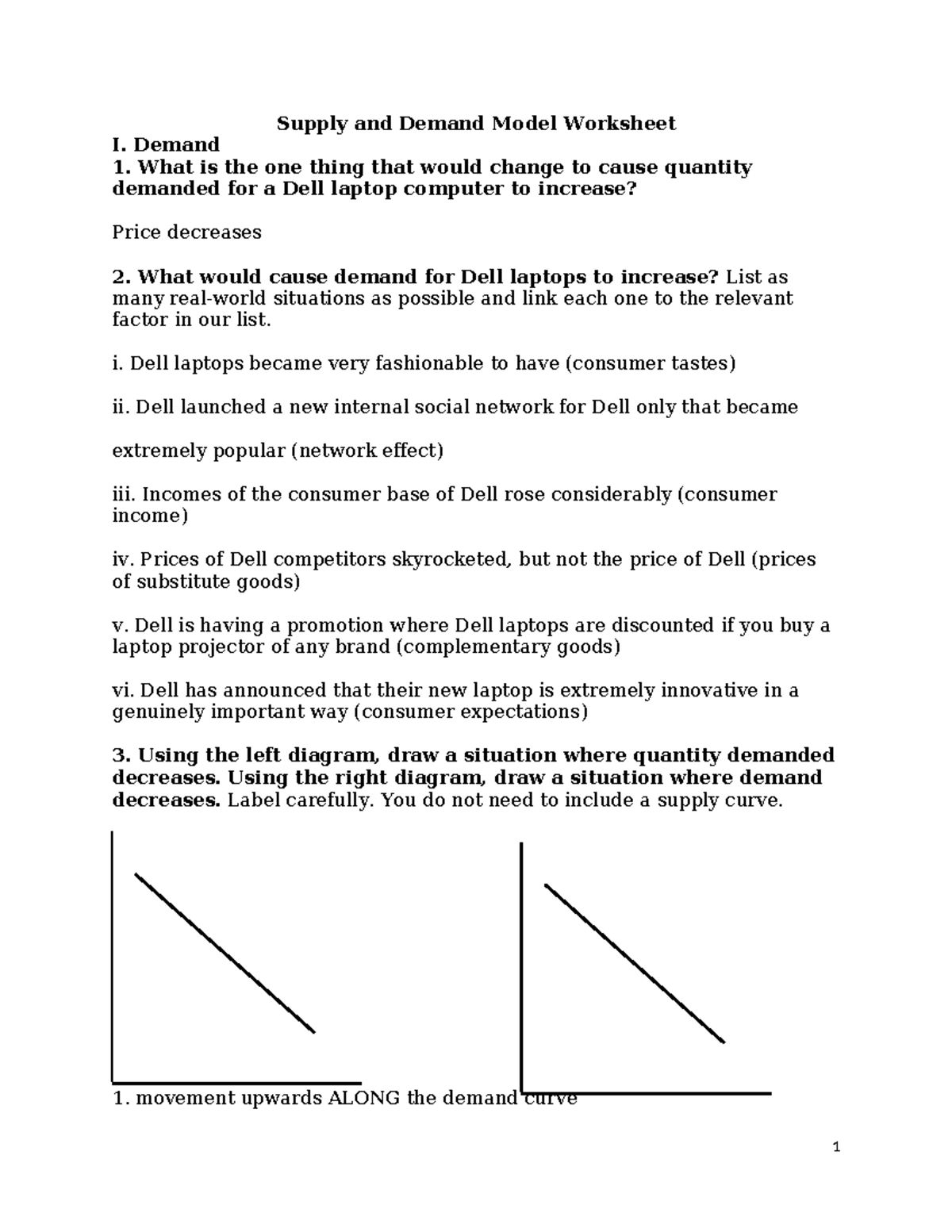 Supply and demand worksheet - Supply and Demand Model Worksheet I ...