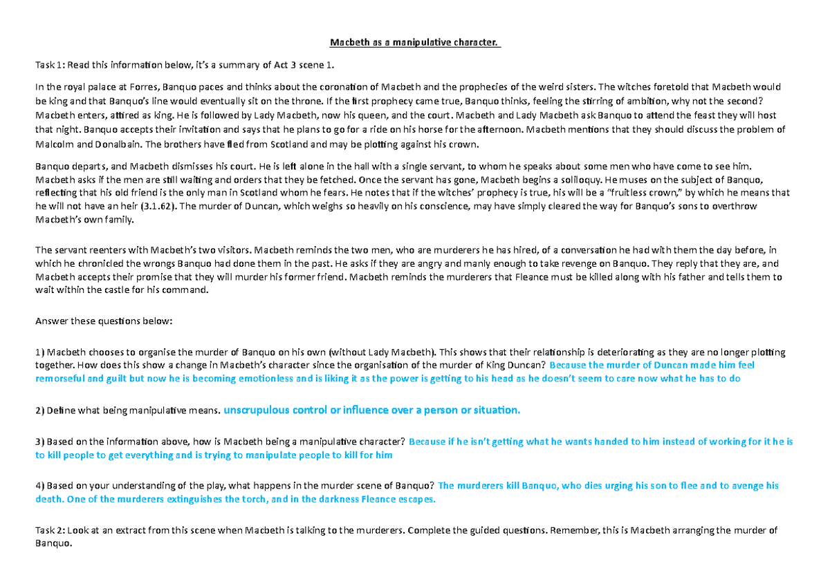 10y2 Macbeth as a manipulative character sheet 4~katie - Macbeth as a ...