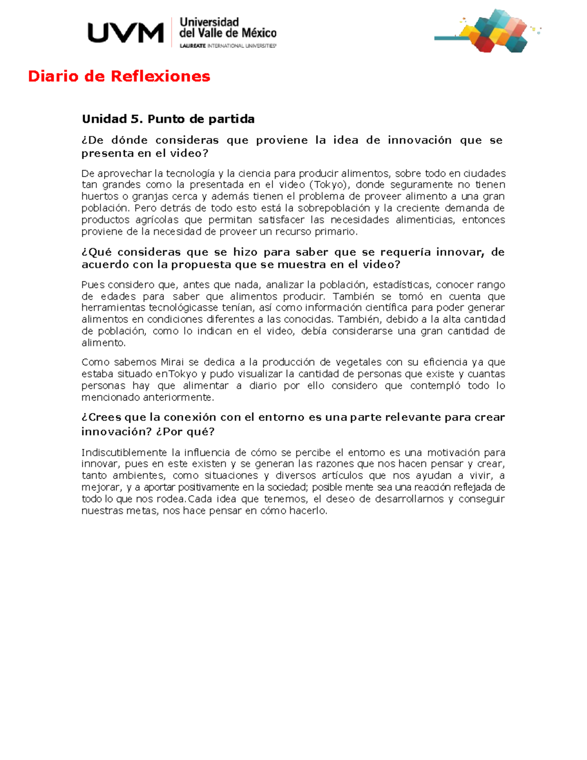 Unidad 5 Punto DE Partida - Diario de Reflexiones Unidad 5. Punto de partida ¿De dónde ...