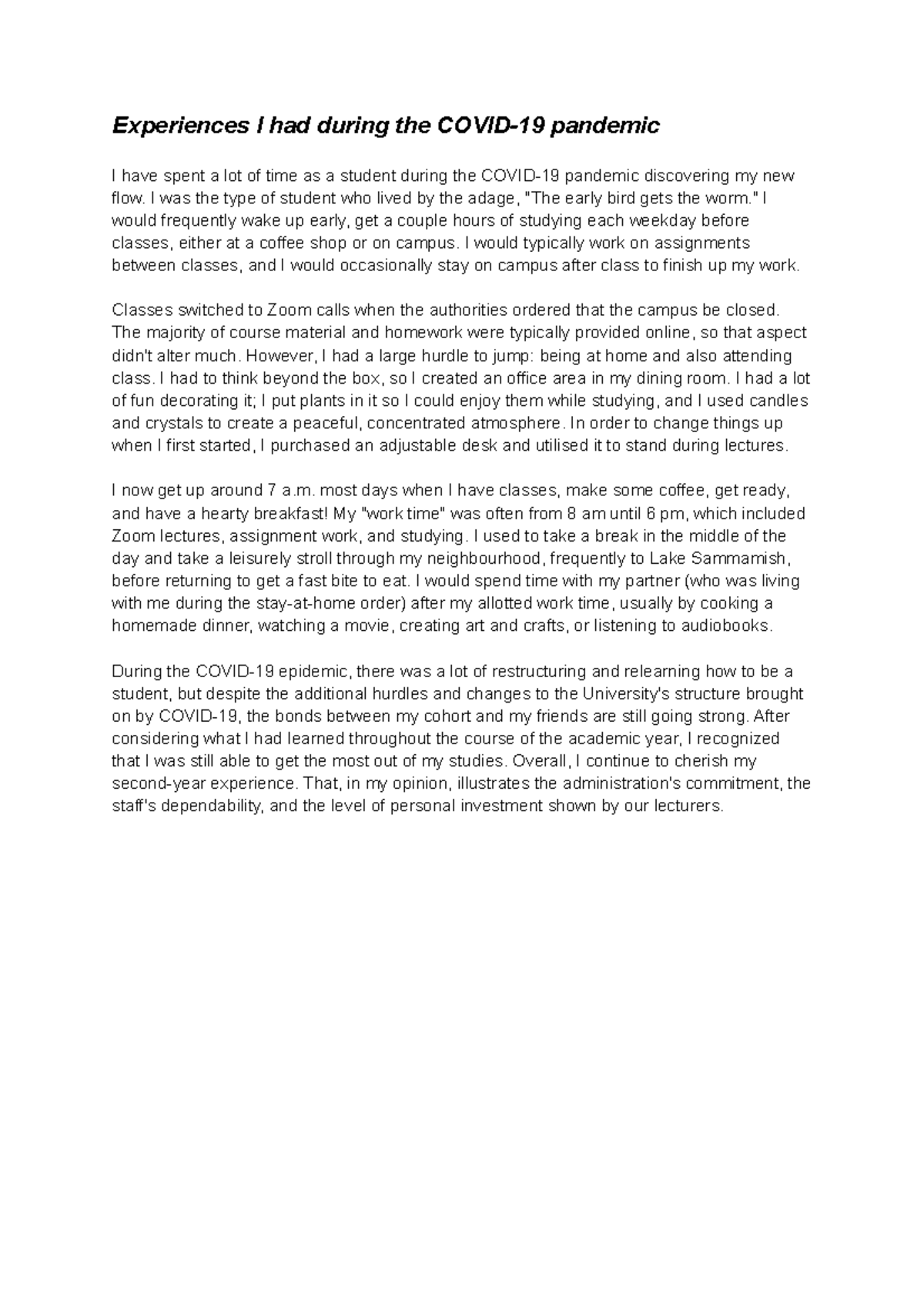 Eapp essay - this is an a sample - Experiences I had during the COVID ...
