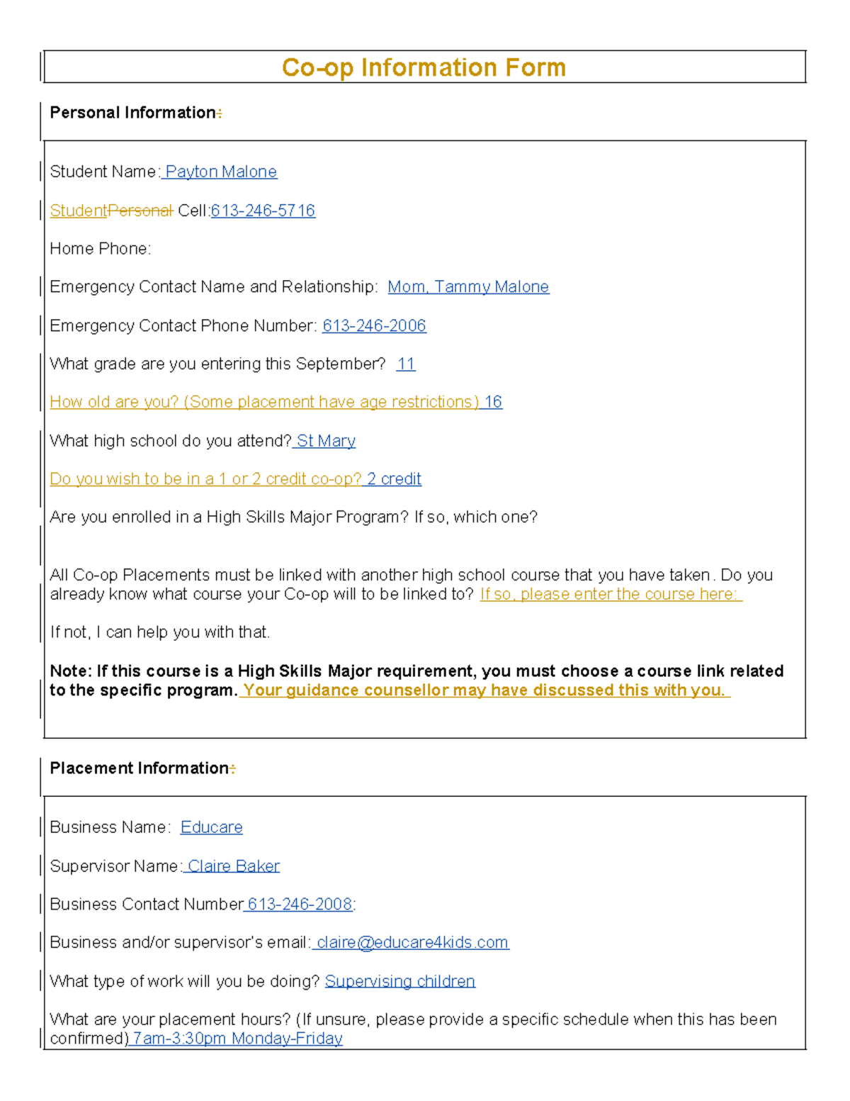Summer Co-op Information Form revised - Co-op Information Form Personal ...