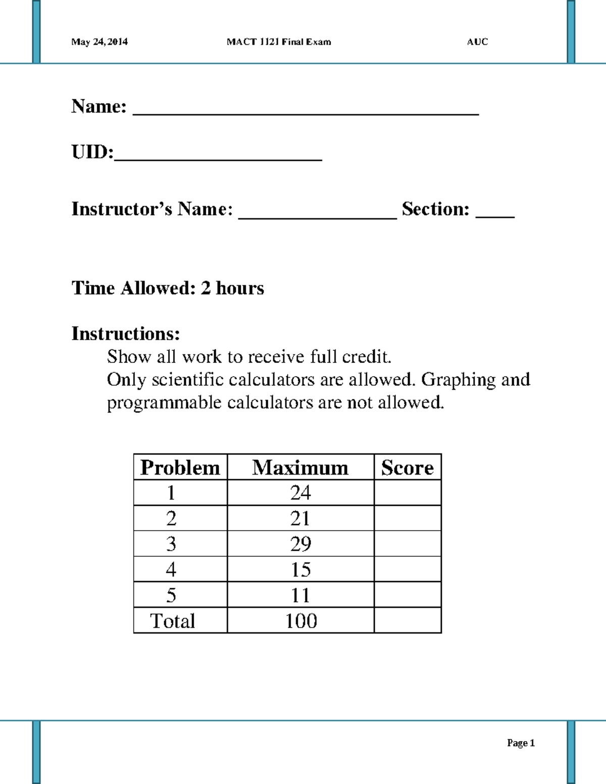 Mact 1121, Spring 2014 , Final - Name ...