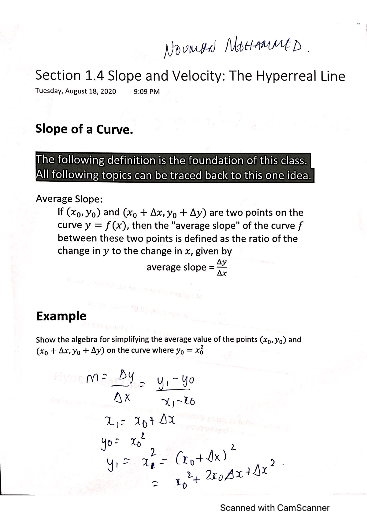 Section 1 - NOUMHN NOHAMMED Section 1 Slope and Velocity: The Hyperreal Line Tuesday, August 18 ...