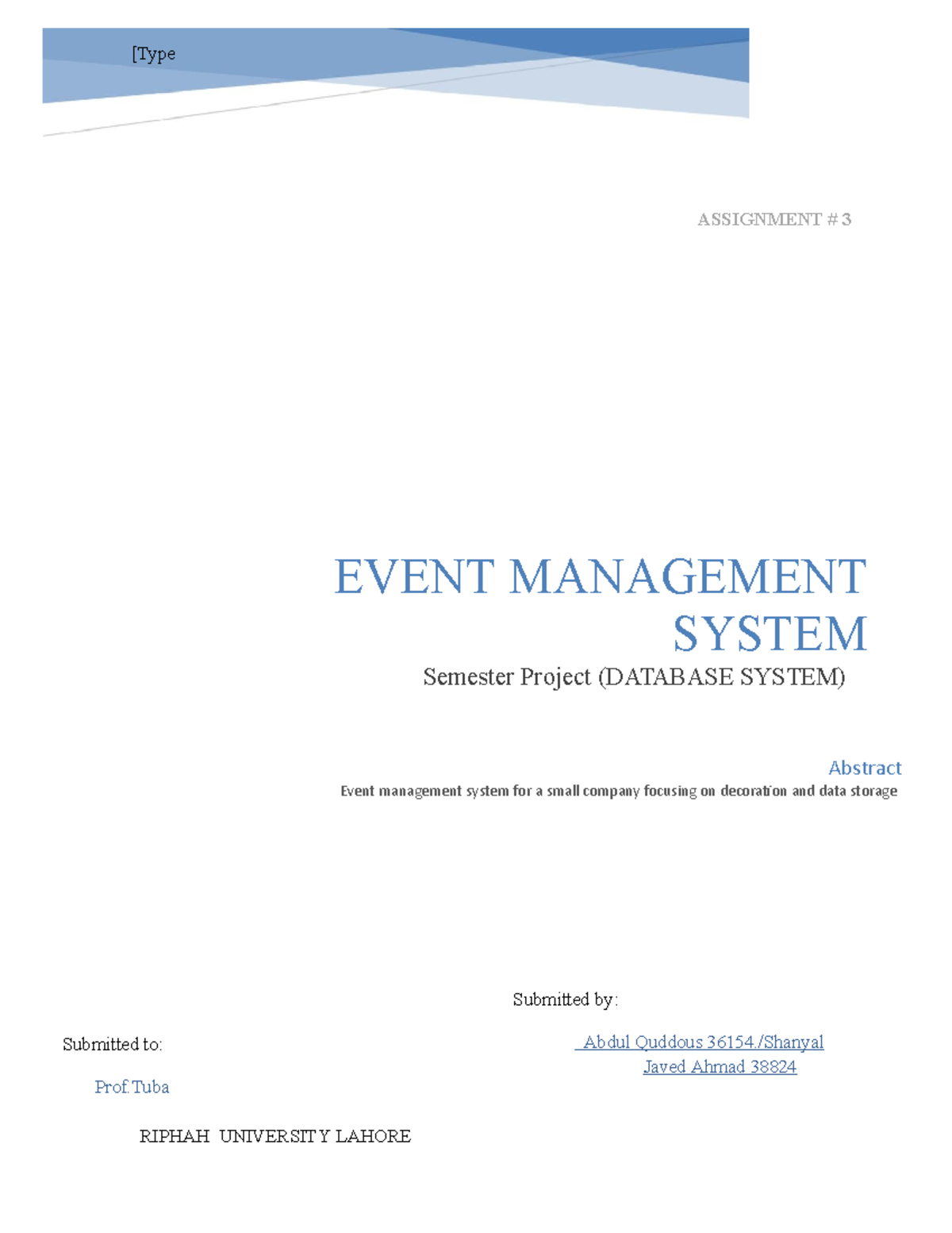 ERD - good - [Type ASSIGNMENT # 3 EVENT MANAGEMENT SYSTEM Semester ...