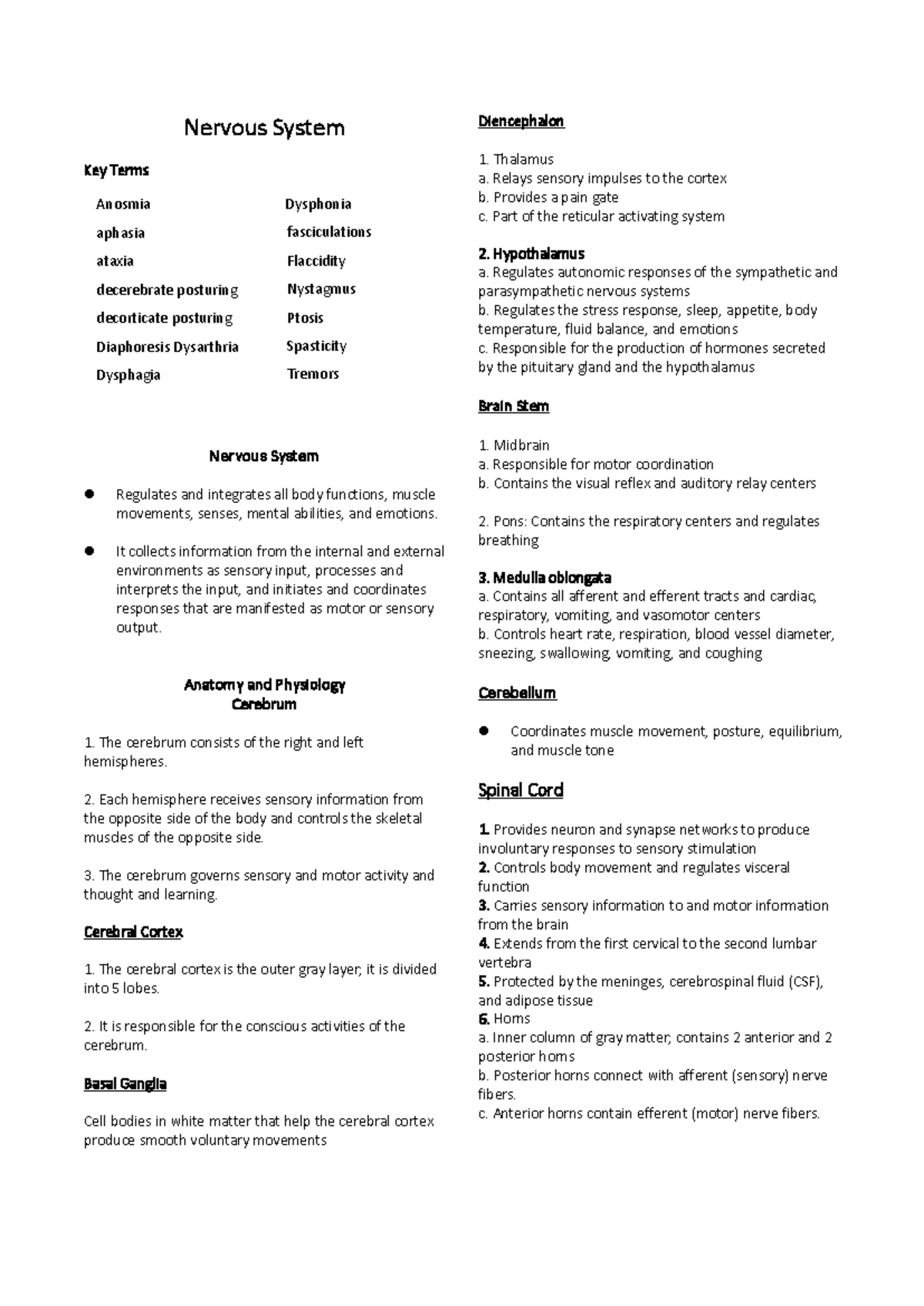 Nervous System - Nervous System Key Terms Nervous System Regulates and ...