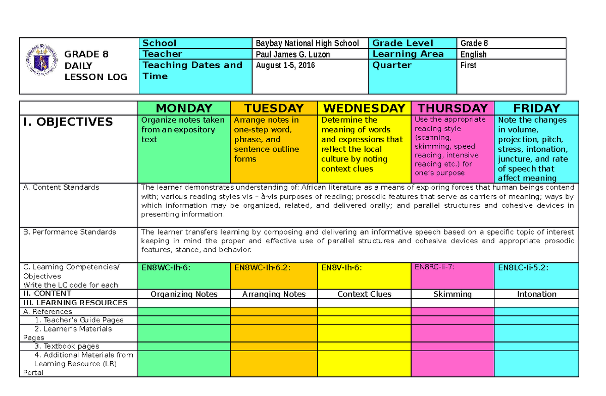 Pdfcoffee - none - GRADE 8 DAILY LESSON LOG School Baybay National High ...