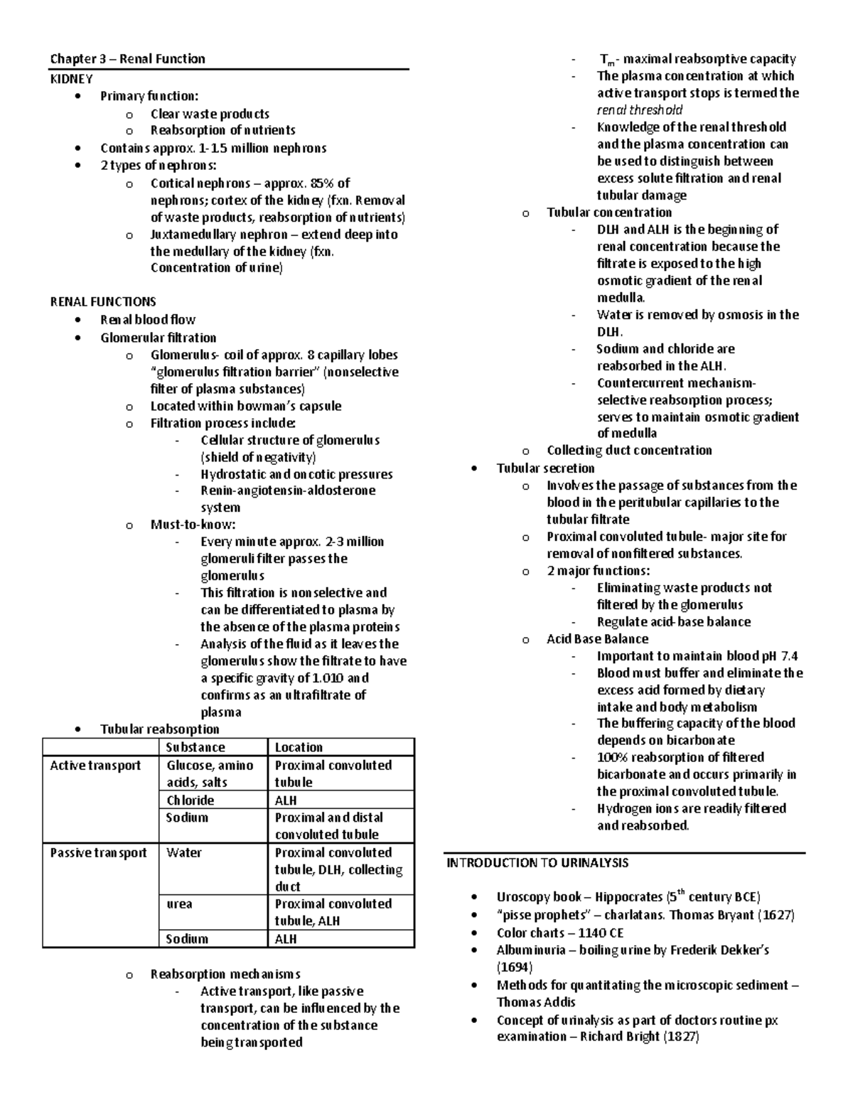 AUB F WEEK 2 LEC - prelims - Chapter 3 – Renal Function KIDNEY Primary ...
