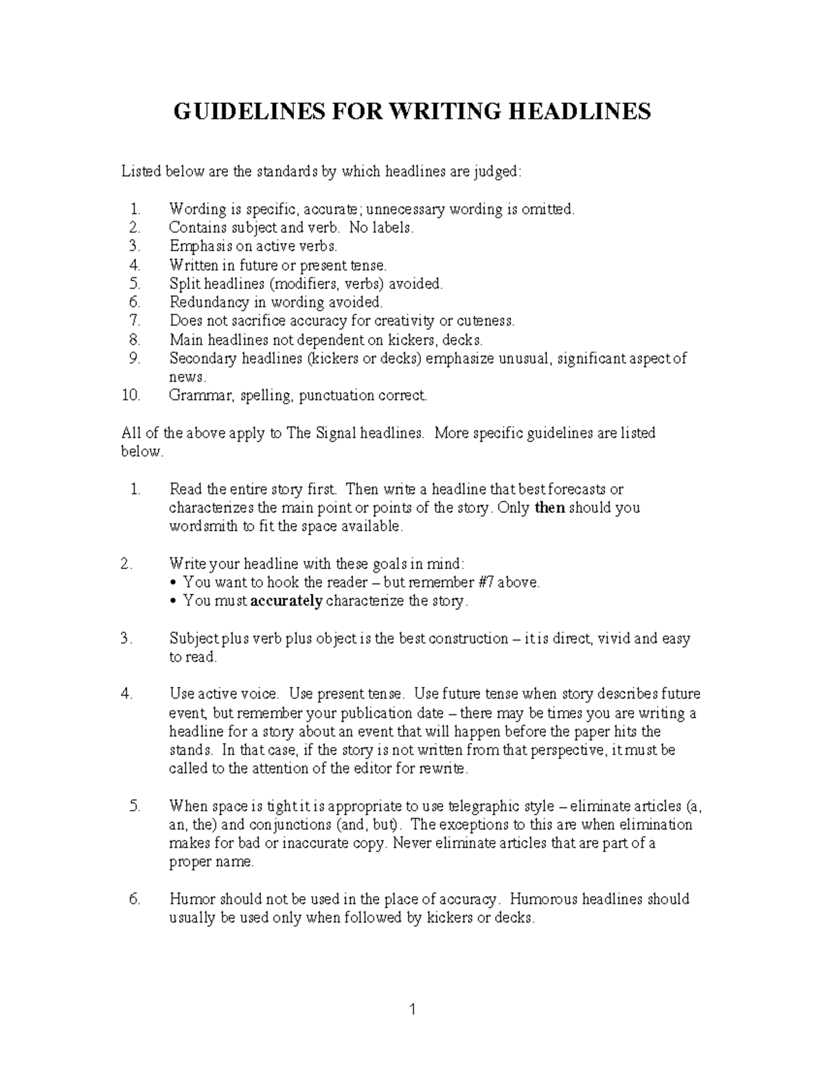 Headlining guidelines and schedules - GUIDELINES FOR WRITING HEADLINES ...