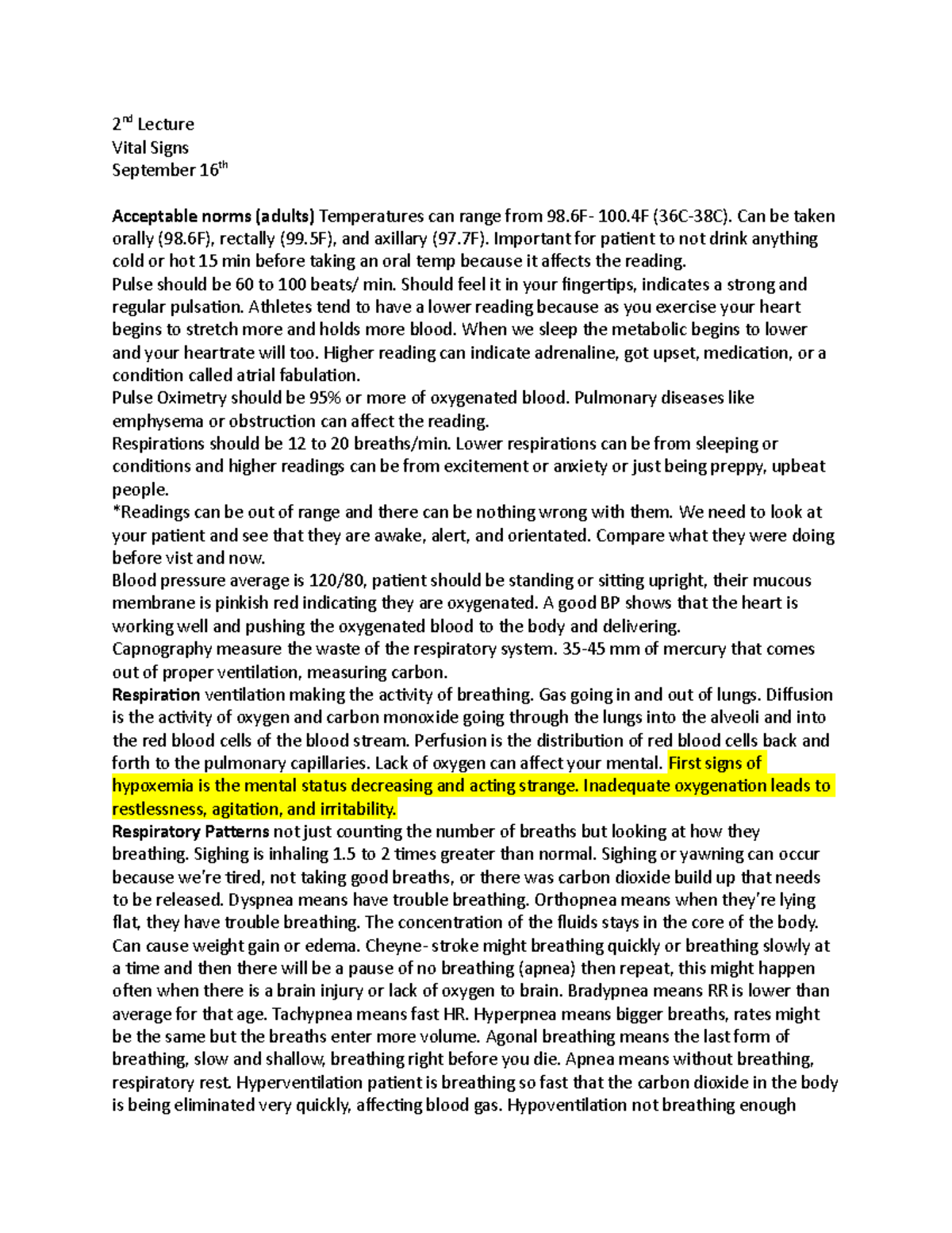 Vital Signs Review - 2 nd Lecture Vital Signs September 16th Acceptable ...